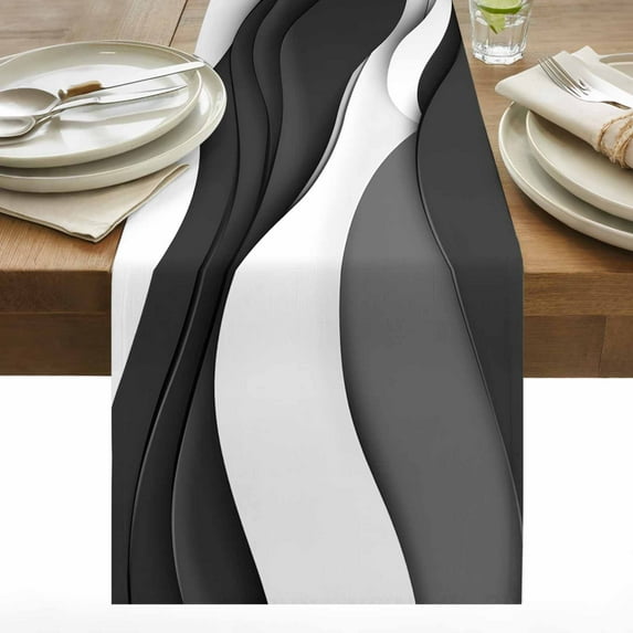 Black White Table Runner 13x108 inch Geometric Abstract Gradient Ocean ...