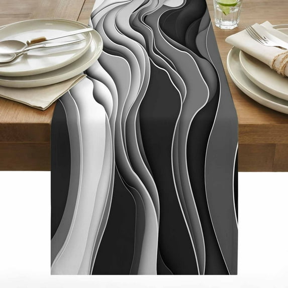 Black White Table Runner 13x36 inch Gradient Ocean Wave Geometric ...