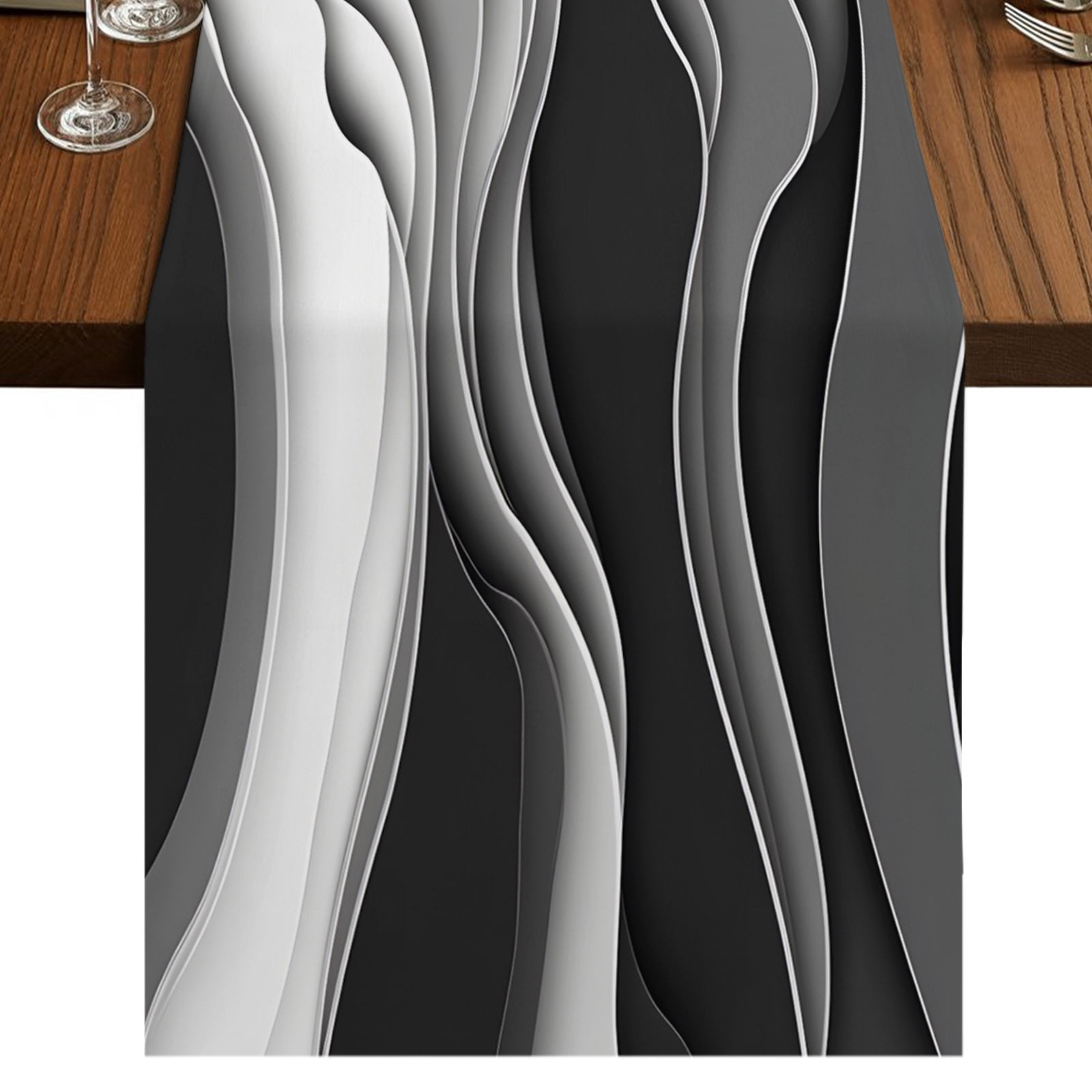 Black White Table Runner 36 Inches Long, Gradient Ocean Wave Geometric ...