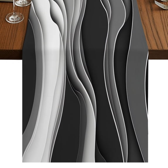 Black White Table Runner 36 Inches Long, Gradient Ocean Wave Geometric ...