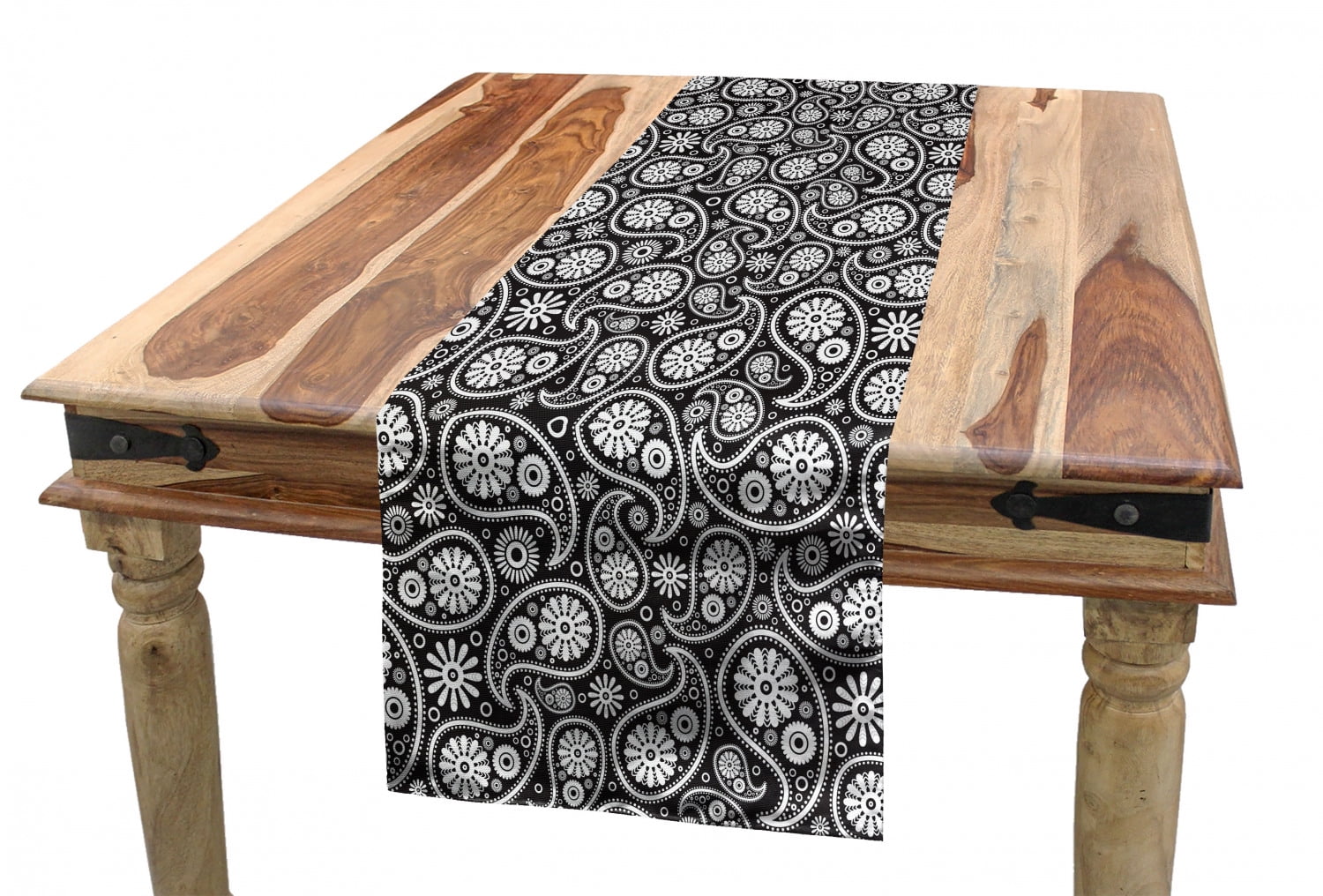 Black and White Table Runner, Nostalgic Paisley Teardrop Motifs with ...