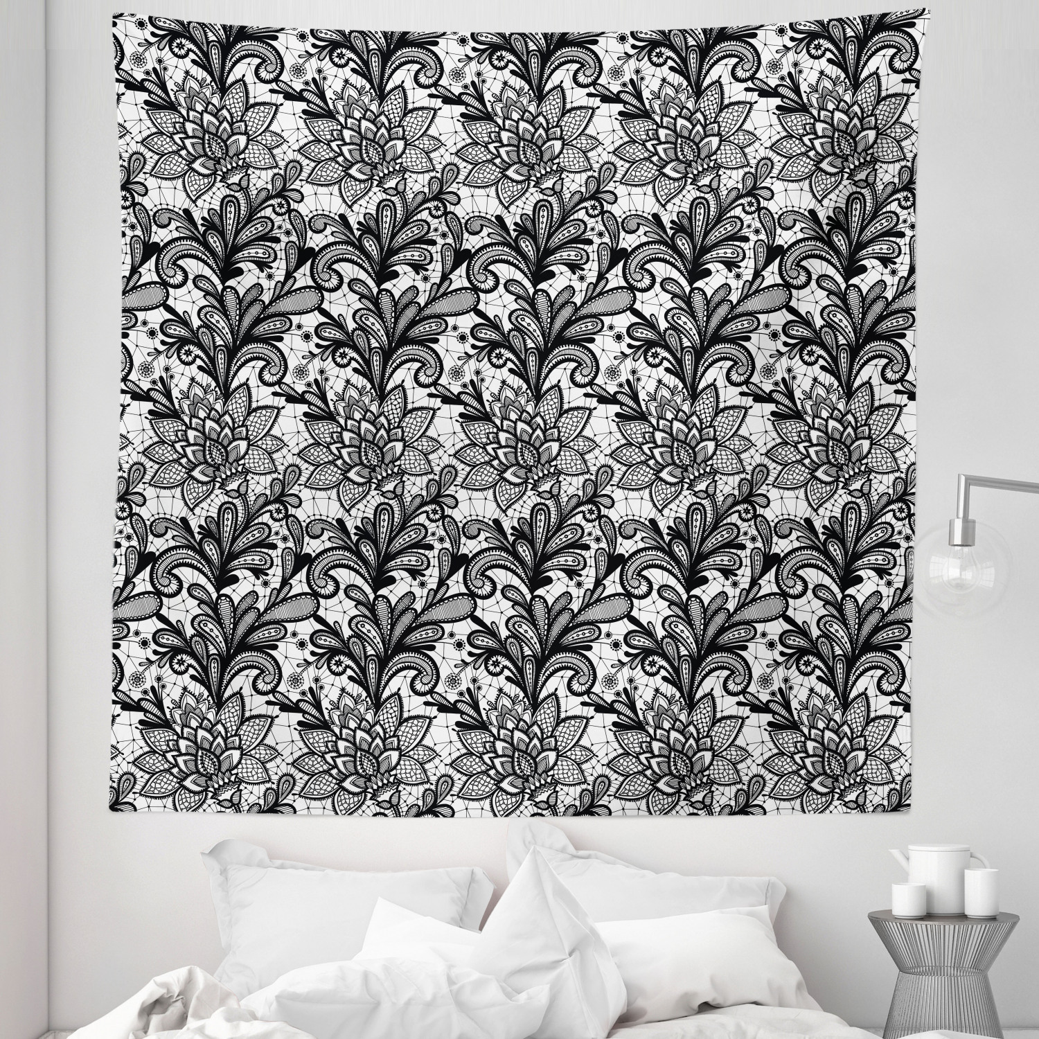 Black and White Tapestry, Vintage Victorian Lace Style Plants Leaves ...
