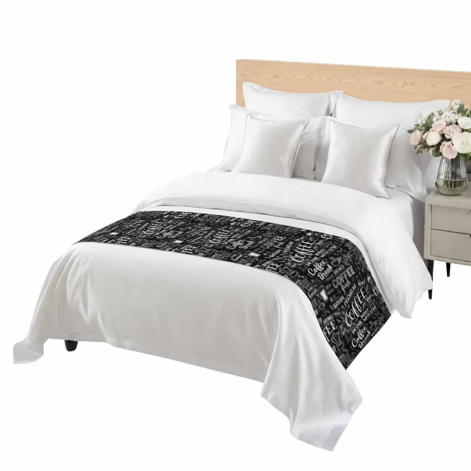 Black White Theme Bed Runner Twin Size Modern Bread Coffee Pot Milk ...