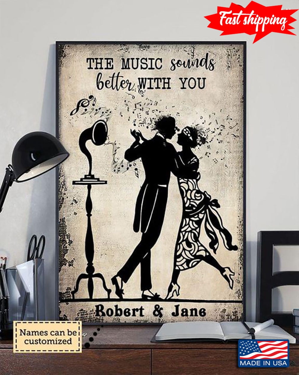Black & White Theme Customized Name Couple Dancing The Music Sounds ...