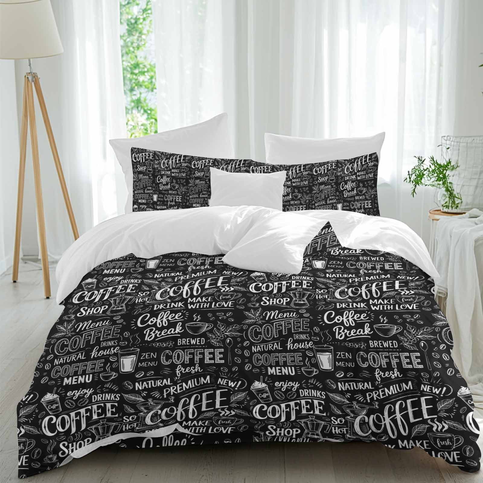 Black White Theme Queen Duvet Cover Set, Modern Bread Coffee Pot Milk ...