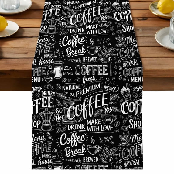 Black White Theme Table Runner, Modern Bread Coffee Pot Milk Drink ...
