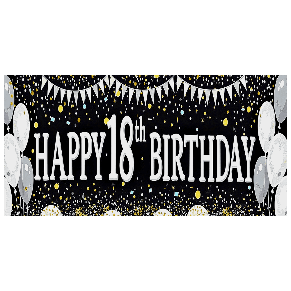 Black and White Themed 18th Birthday Backdrop Banner with Balloon Star ...
