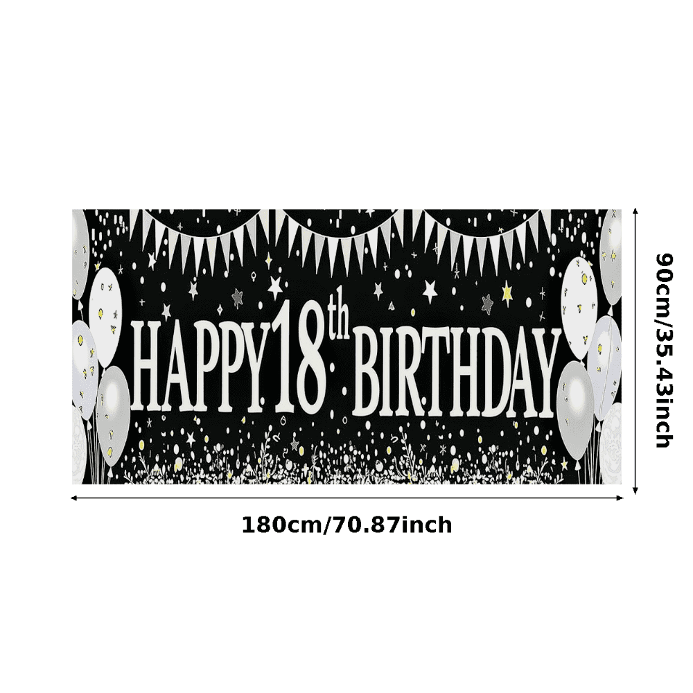 Black and White Themed 18th Birthday Backdrop Banner with Balloon Star ...
