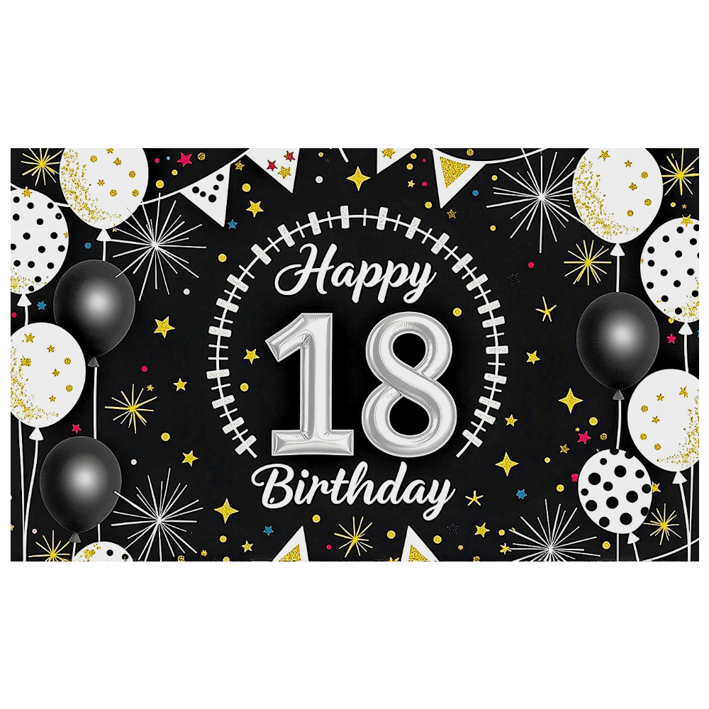 Black and White Themed 18th Birthday Banner with Balloon Firework Star ...