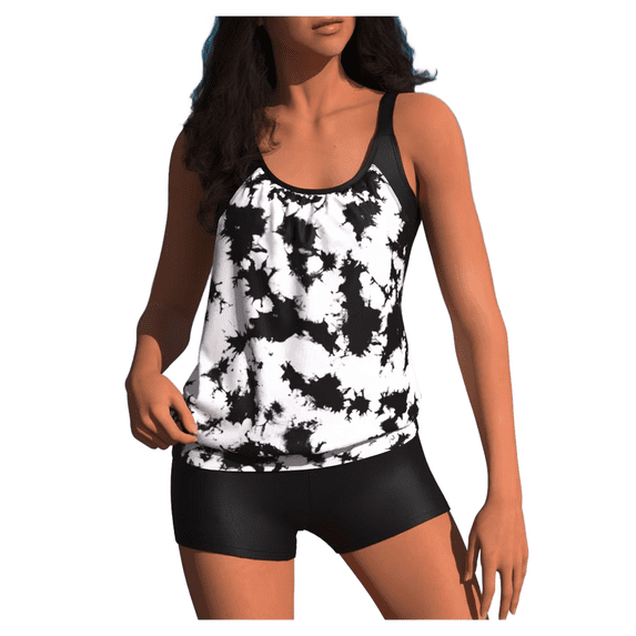 Black White Tie Dye Print Ruched Tankini Swimsuit 2 Piece with ...