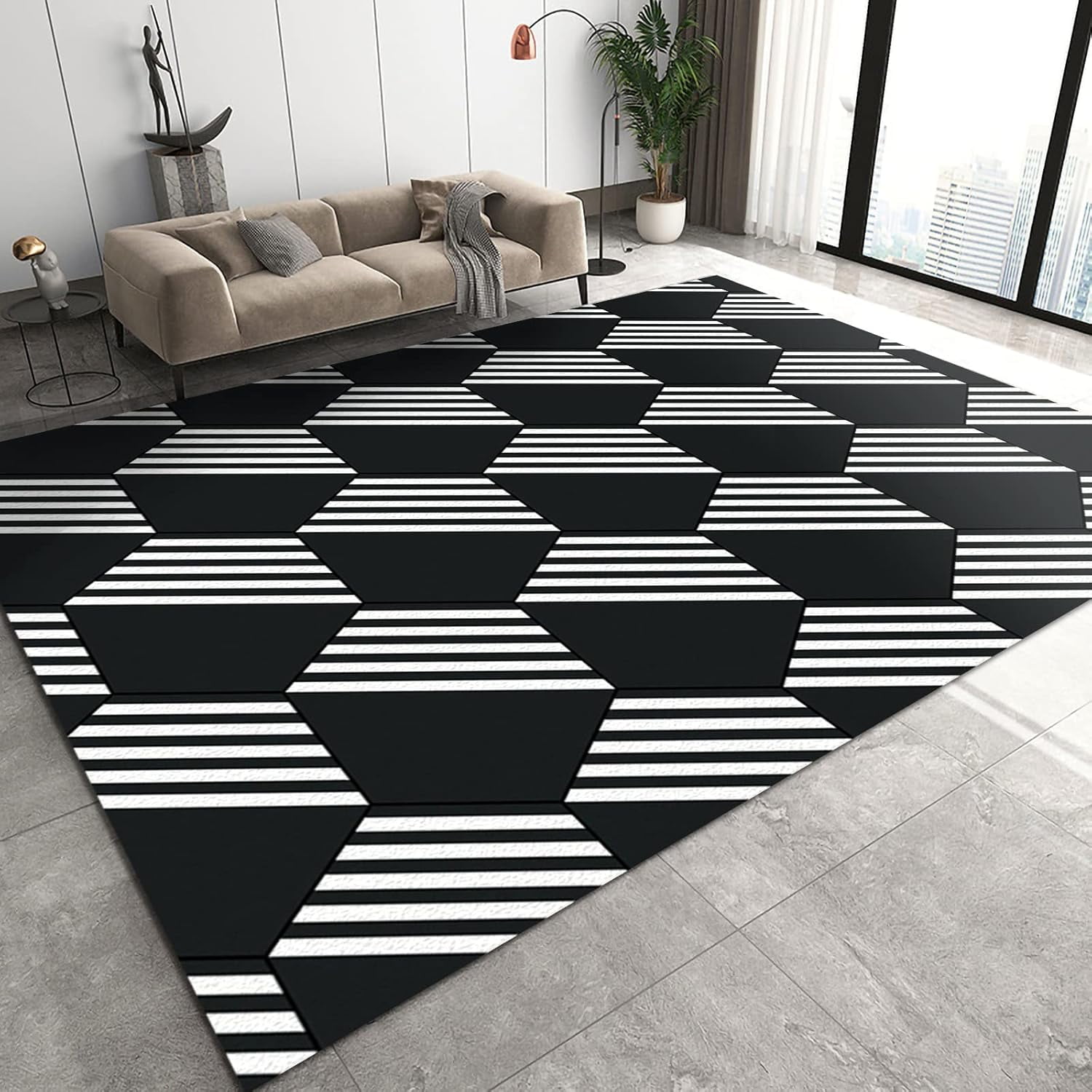 Black and White Tiles Area Rugs, 3D Geometric Regular Hexagon Line Art ...