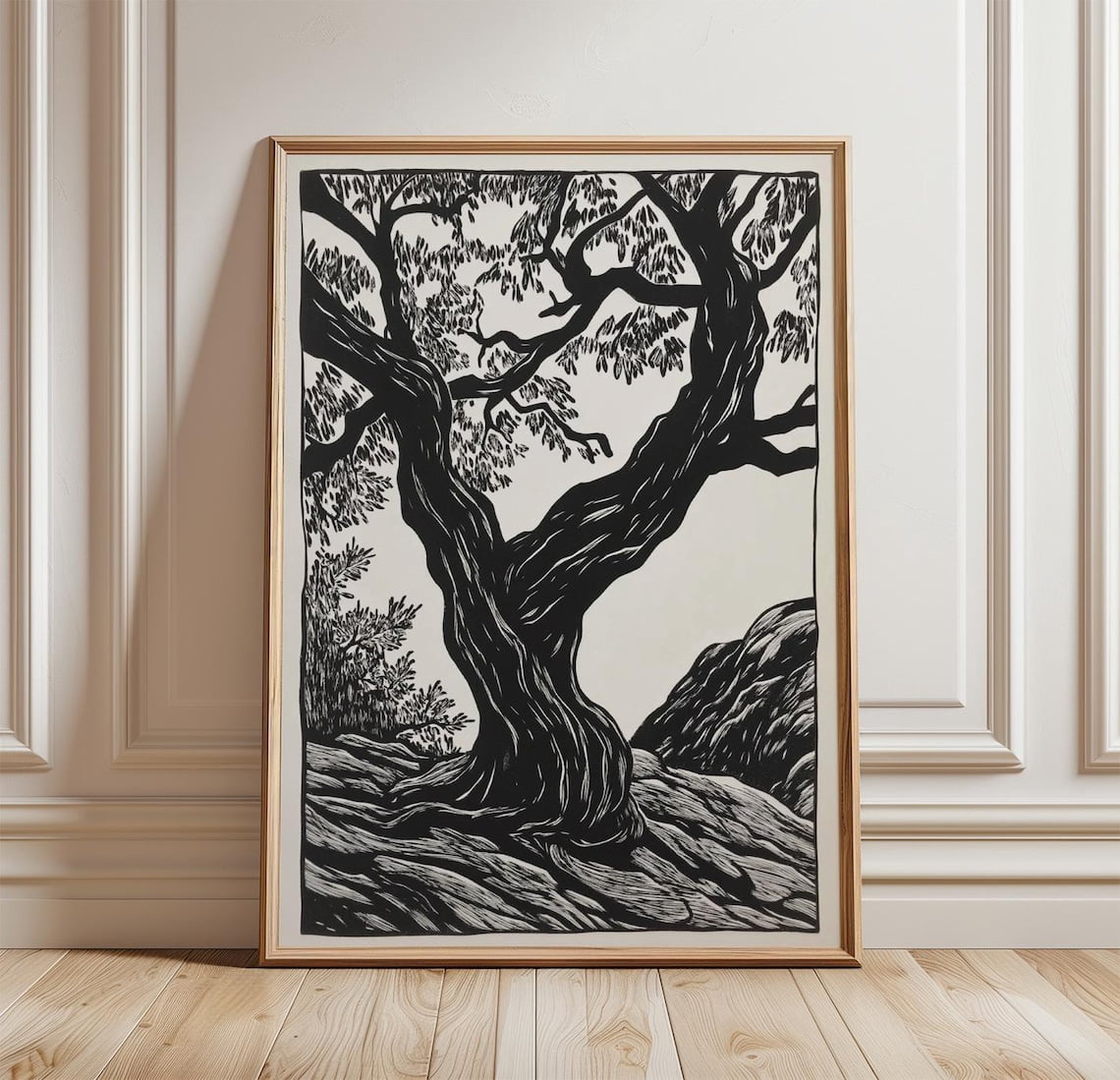 Black White Tree Poster Woodcut Style Wall Art Nature Landscape ...