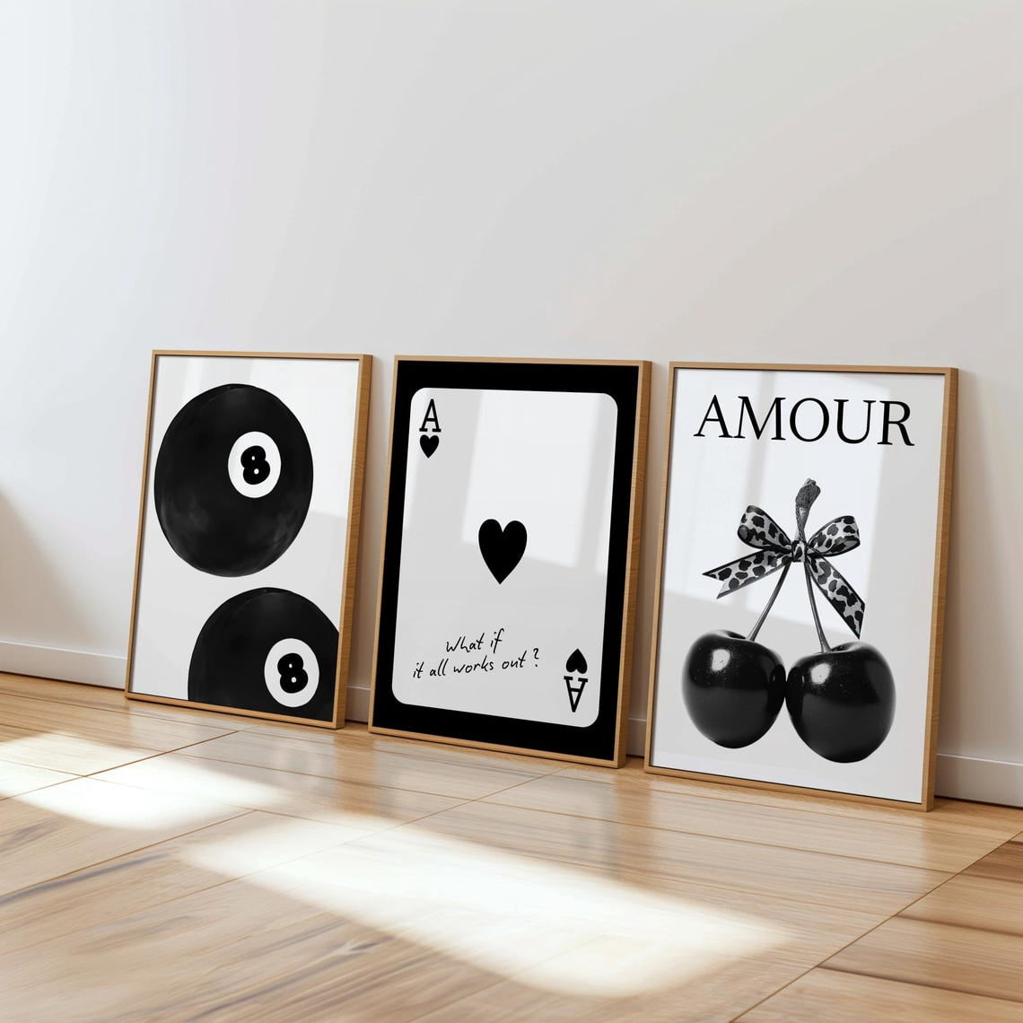 Black White Trendy Set Of 3 Wall Art Print With Eight Ball Card ...
