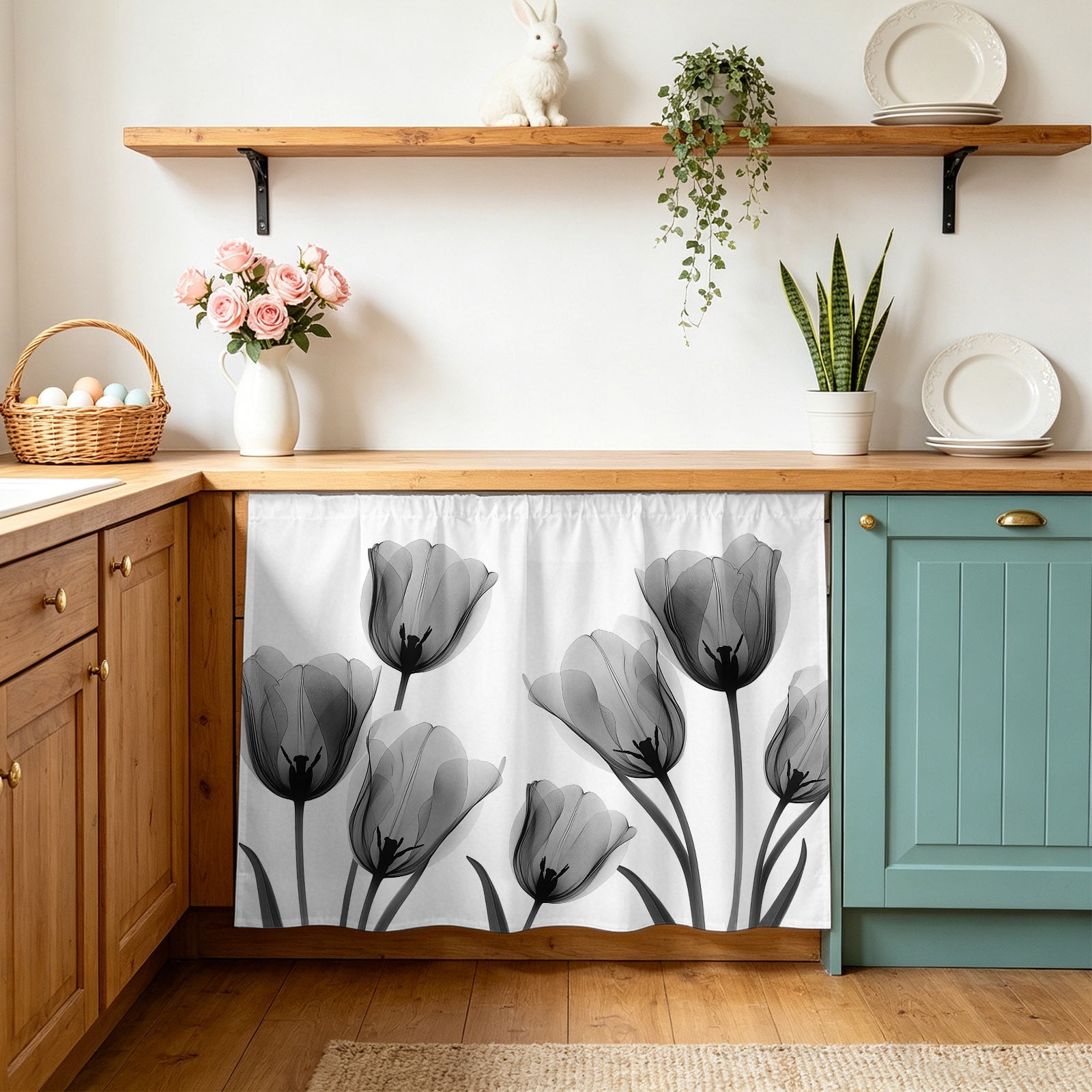 Black White Tulip Cabinet Curtain 28"Wx35"L,Dustproof Under Sink Skirt ...