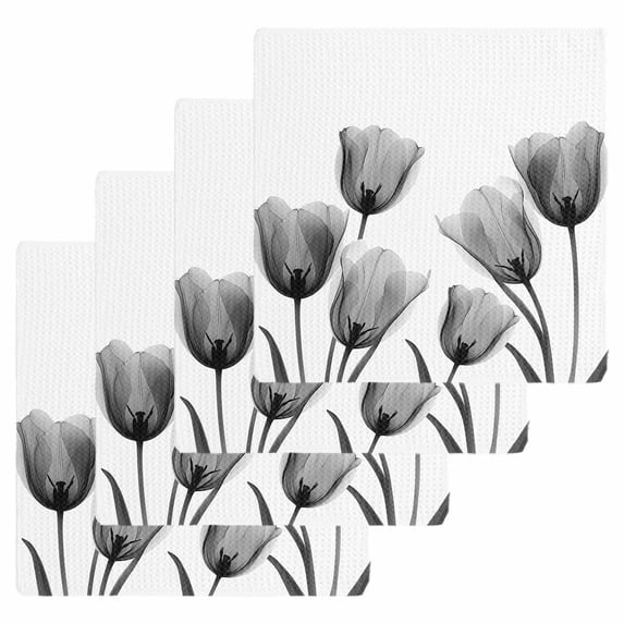 Black White Tulip Dish Towels Set, Waffle Weave Kitchen Towels 4 Pieces ...