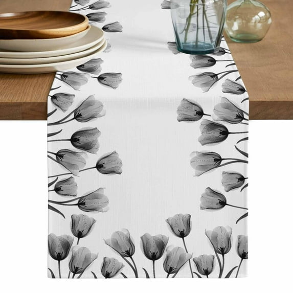 Black White Tulip Table Runner, Spring Greyscale Leaf Flower Plant ...