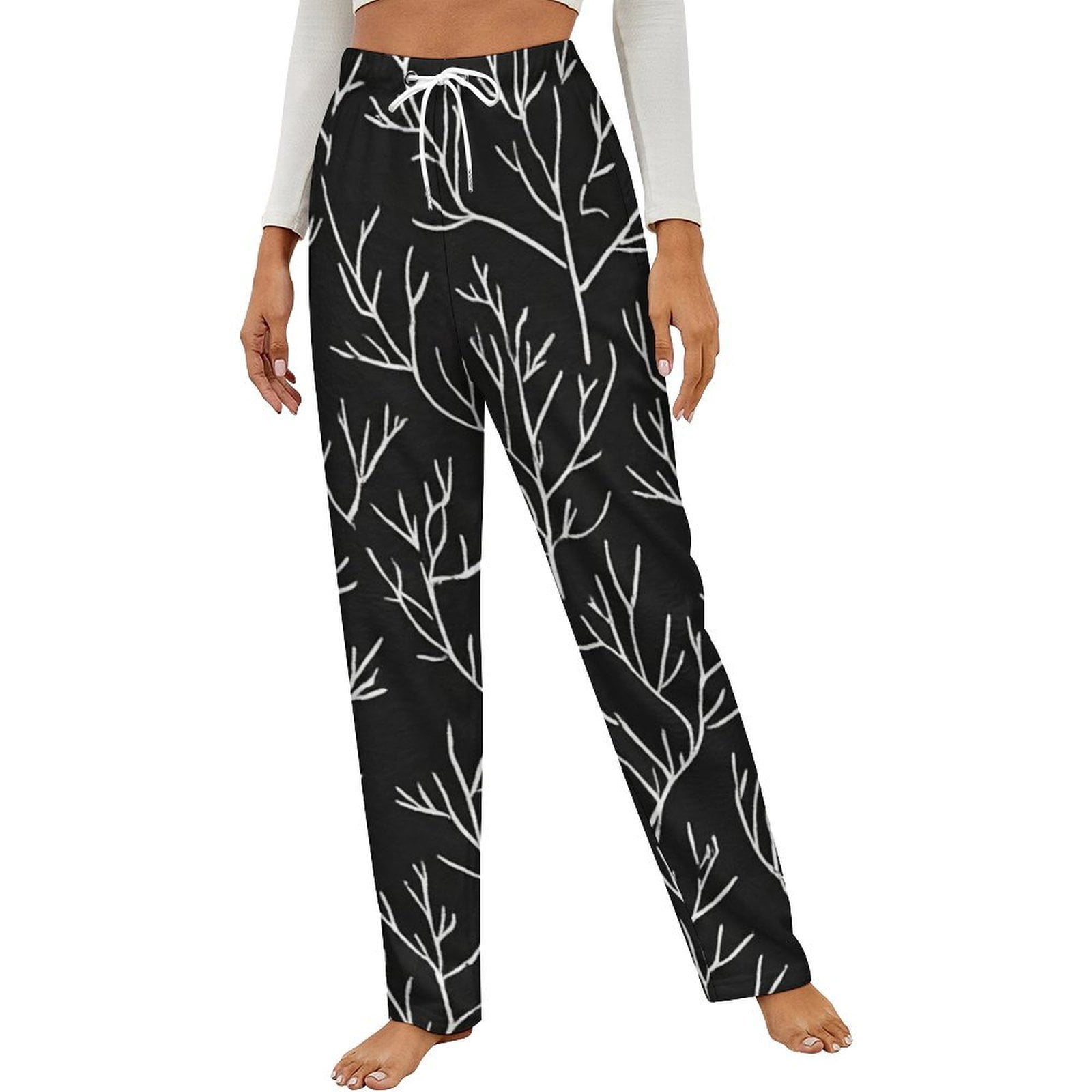 Black White Twiggy Seamless Pattern Winter Female Pants Flannel High ...