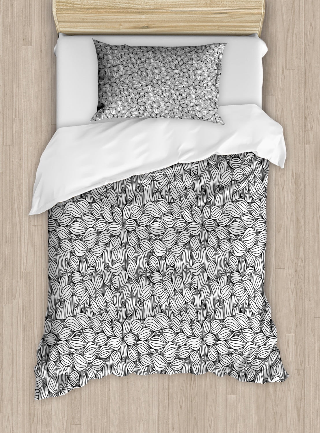 Black and White Twin Size Duvet Cover Set, Line Art Style Foliage ...