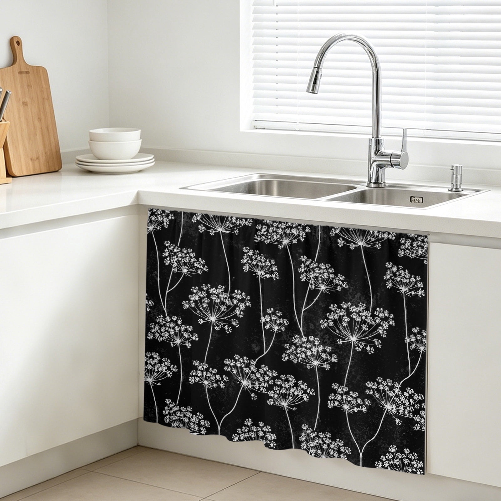 Black White Umbellifer Cabinet Curtains for Kitchen 11"W x 13"L, Retro ...