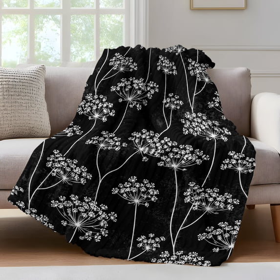 Black White Umbellifer Throw Blanket for Couch Retro Rustic Flora Stems ...
