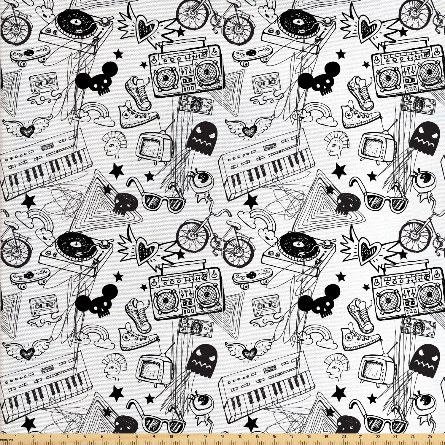 Black and White Upholstery Fabric by the Yard, Punk Teenage Pattern ...