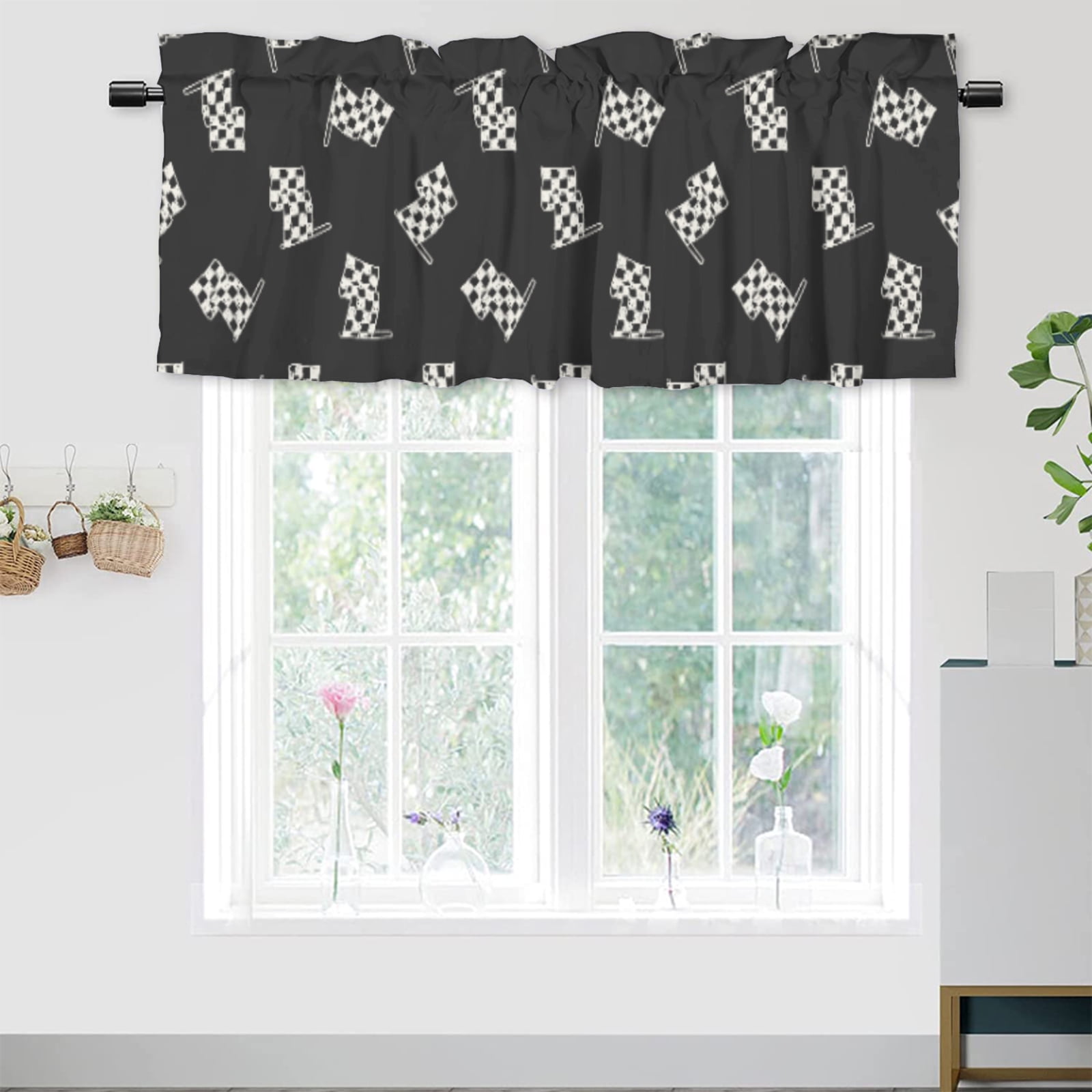 Black and White Valances for Kitchen Windows Checkered Flag Racing Race ...