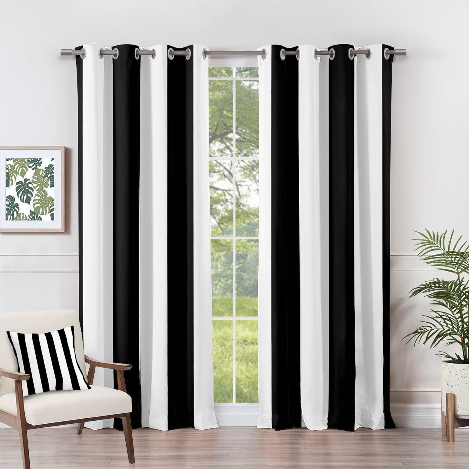 Black and White Vertical Stripes Patterned Blackout Curtains for Living ...