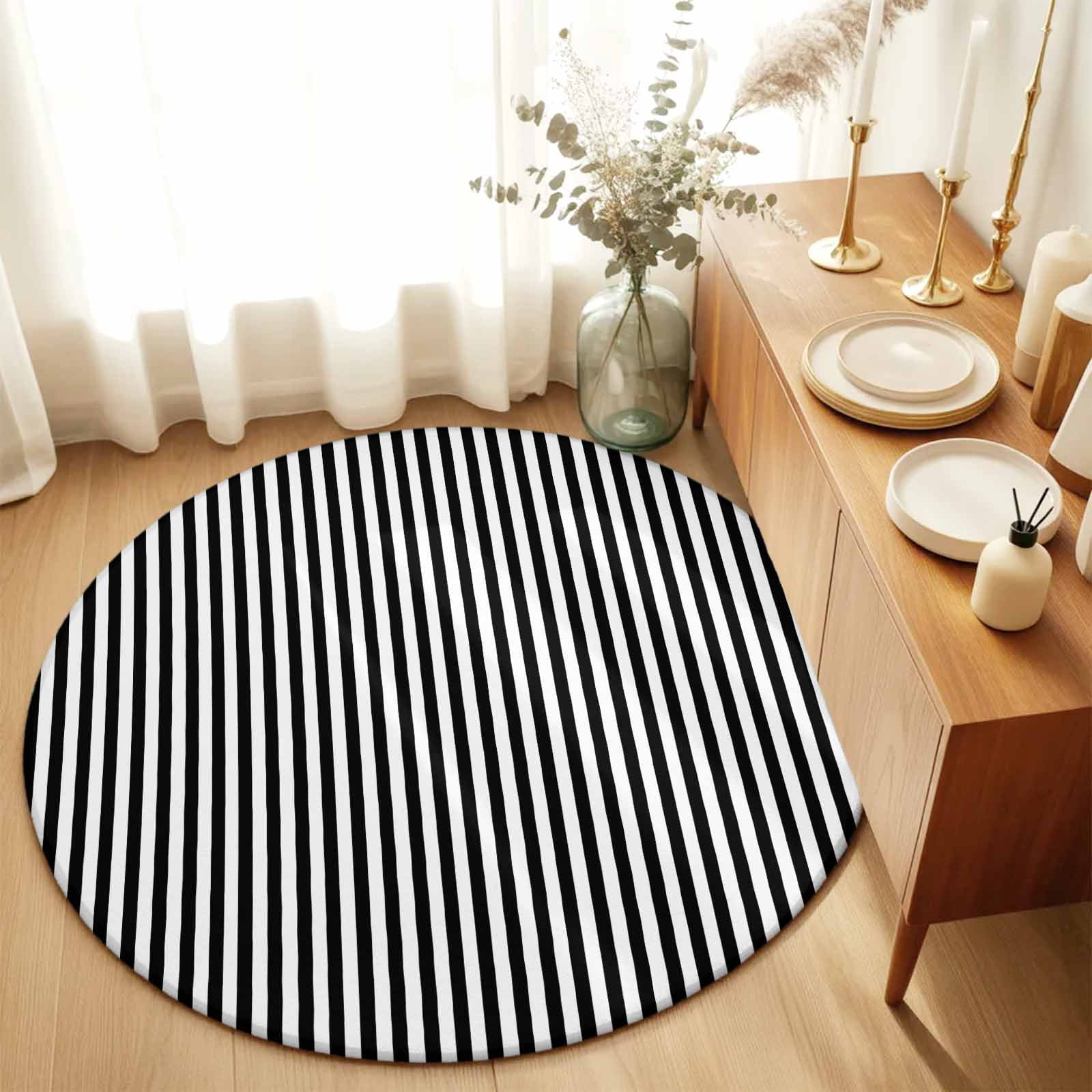 Black White Vertical Stripes Round Area Rug 3ft,Living Room Rug Non ...