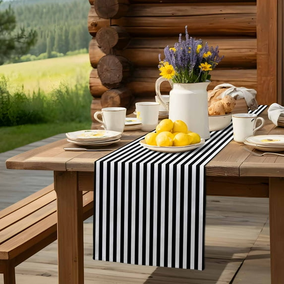 Black White Vertical Stripes Table Runner 13x90in Non-Slip Cotton Linen ...