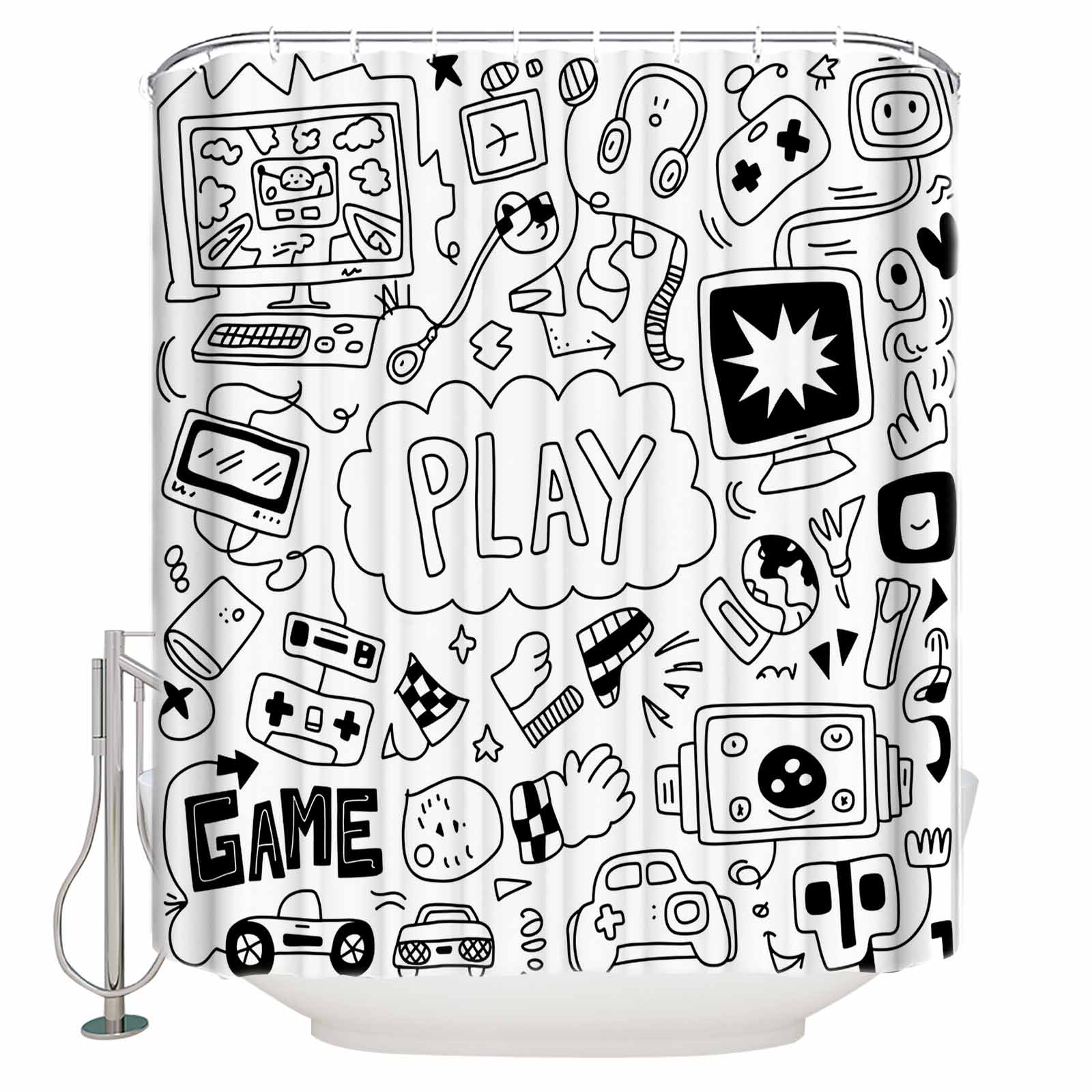 Black White Video Game Bathroom Shower Curtains with 12 Hooks Polyester ...