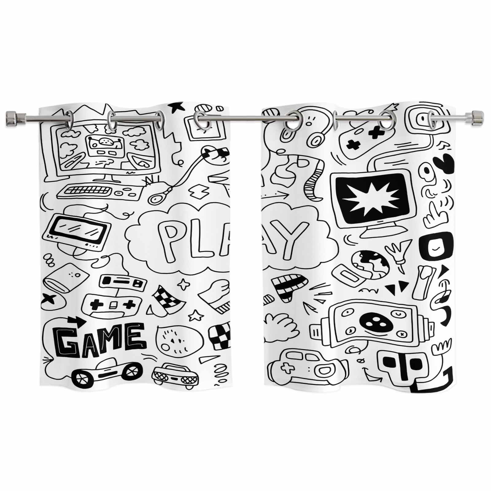 Black White Video Game Kitchen Curtains Small Short 39 Inch Length ...