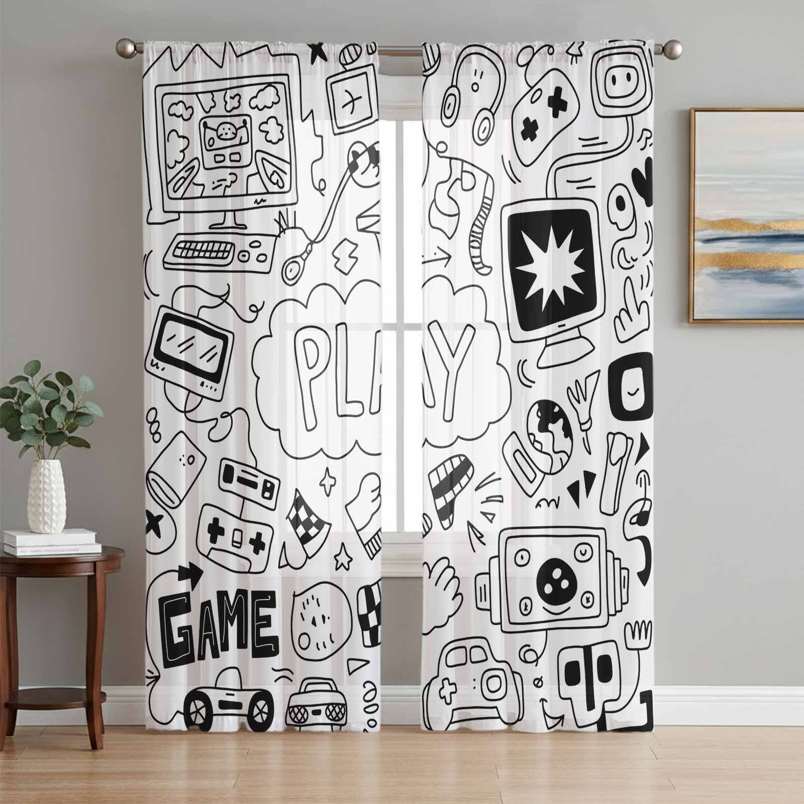 Black White Video Game Semi Sheer Curtains 72 Inch Length 2 Panels Set ...