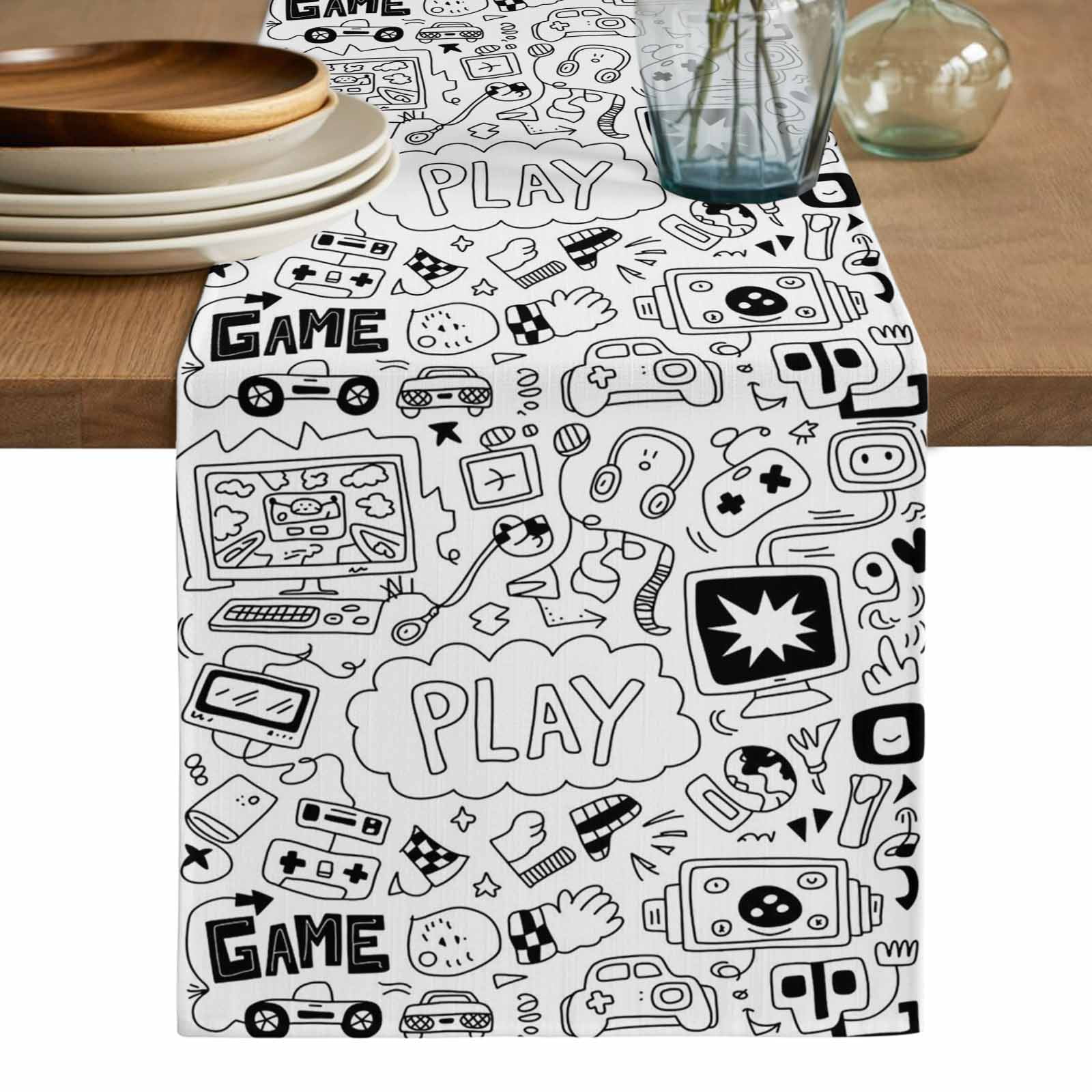 Black White Video Game Table Runner, Console Computer Gaming Sketch ...