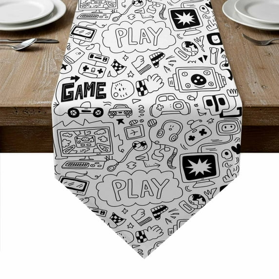 Black White Video Game Table Runner Linen Burlap Table Runner 36 Inches ...
