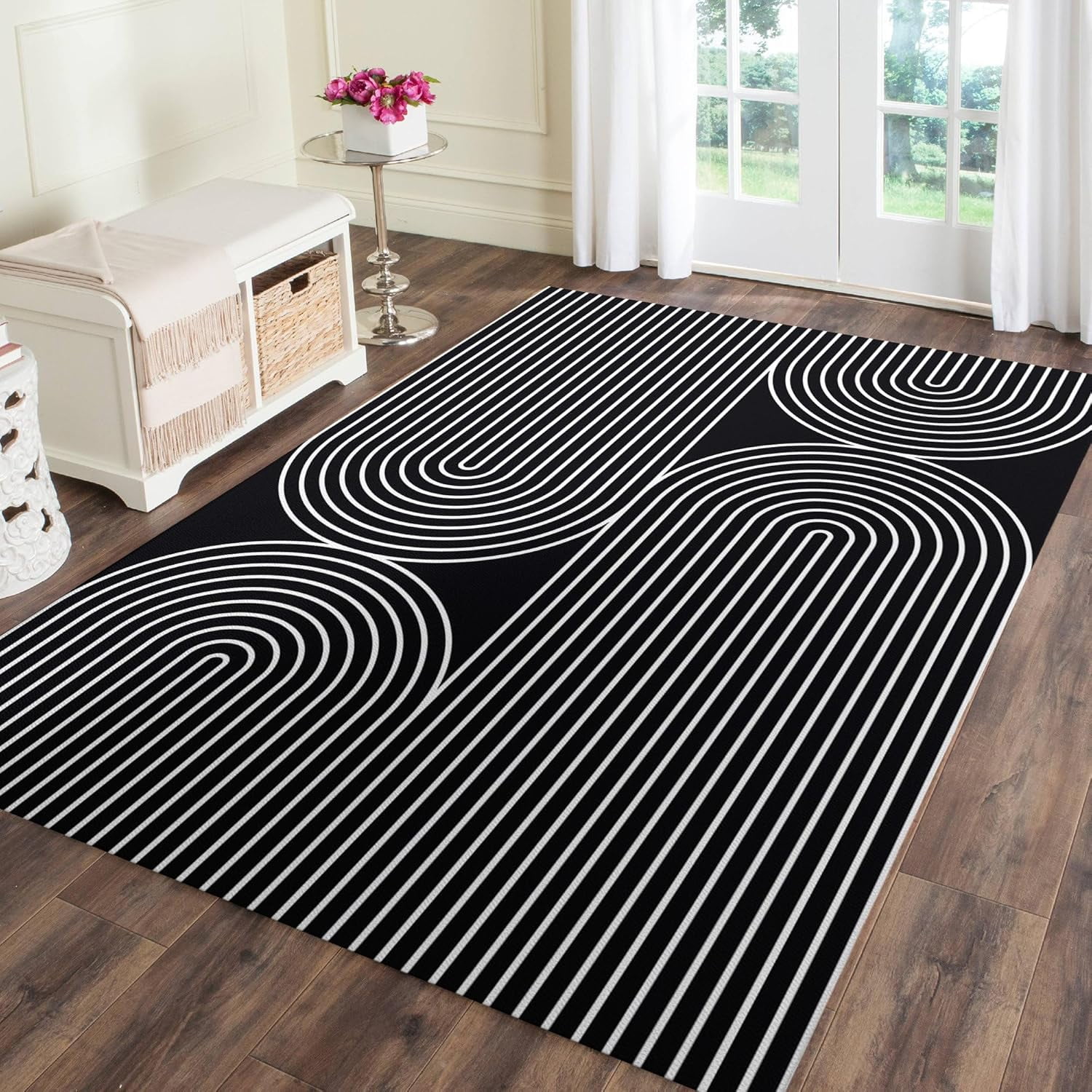 Black and White Vintage Lines Area Rug - 60S Mid Century Retro Machine ...