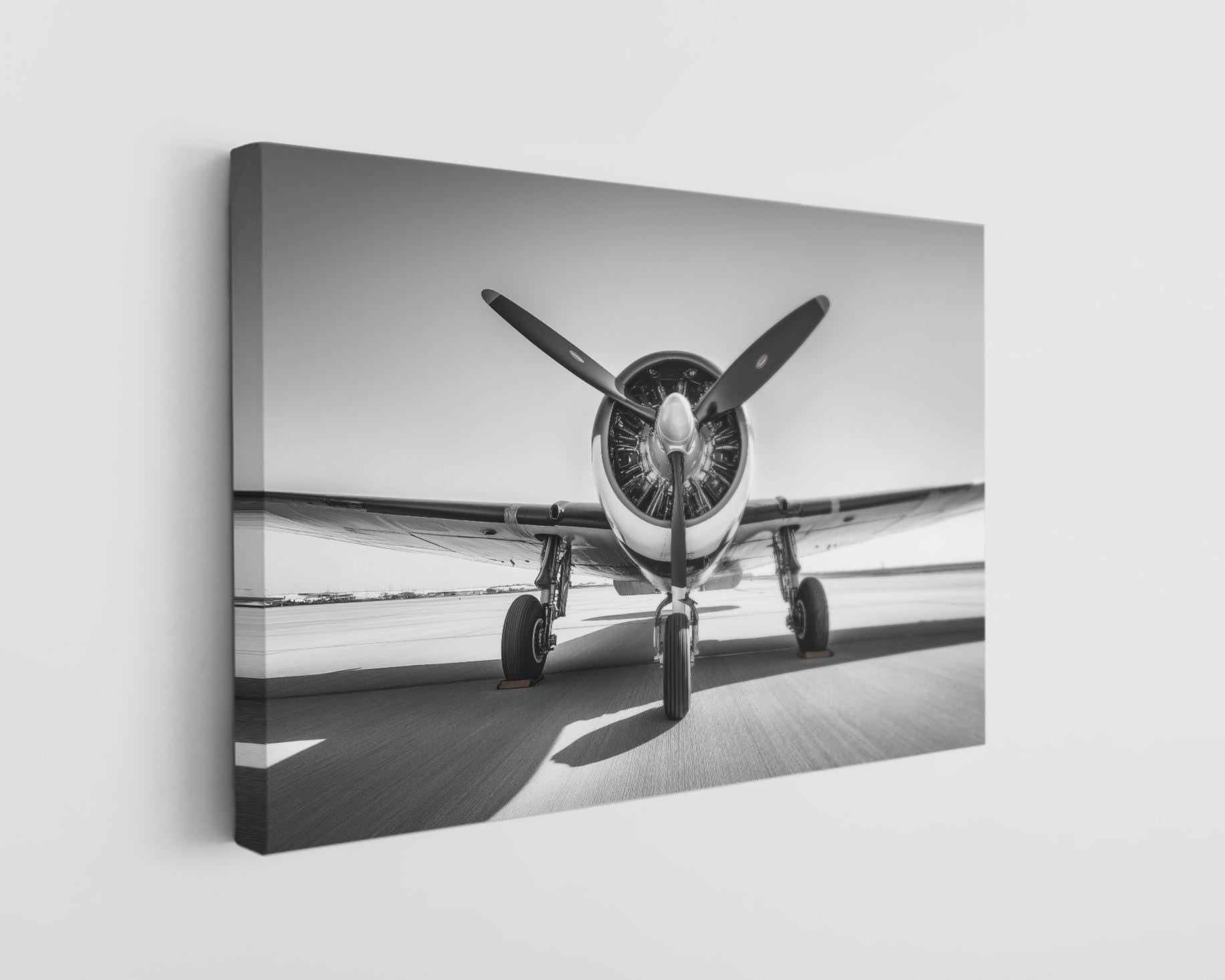 Black and White Vintage Plane Engine Propeller Canvas Wall Art - High ...