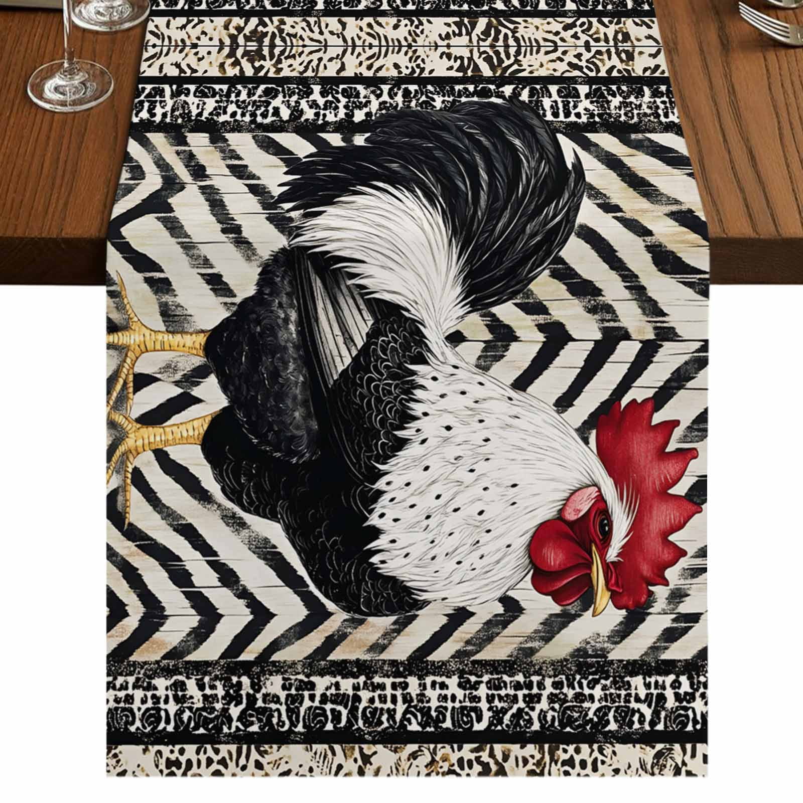 Black White Vintage Rooster 72 Inch Table Runner, Boho Pastoral Animals ...