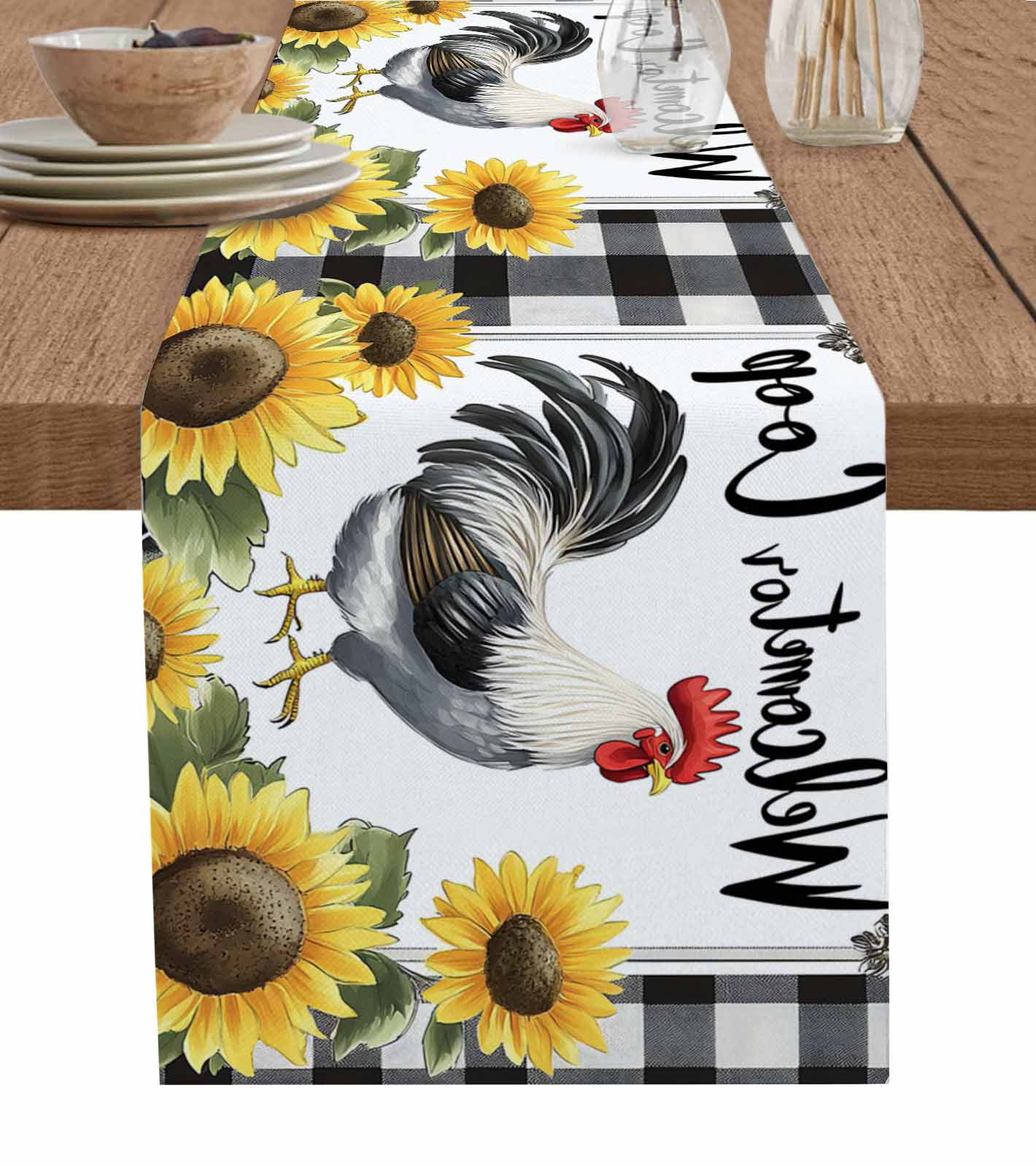Black White Vintage Rooster Burlap Cotton Table Runner 16x72 Inches ...