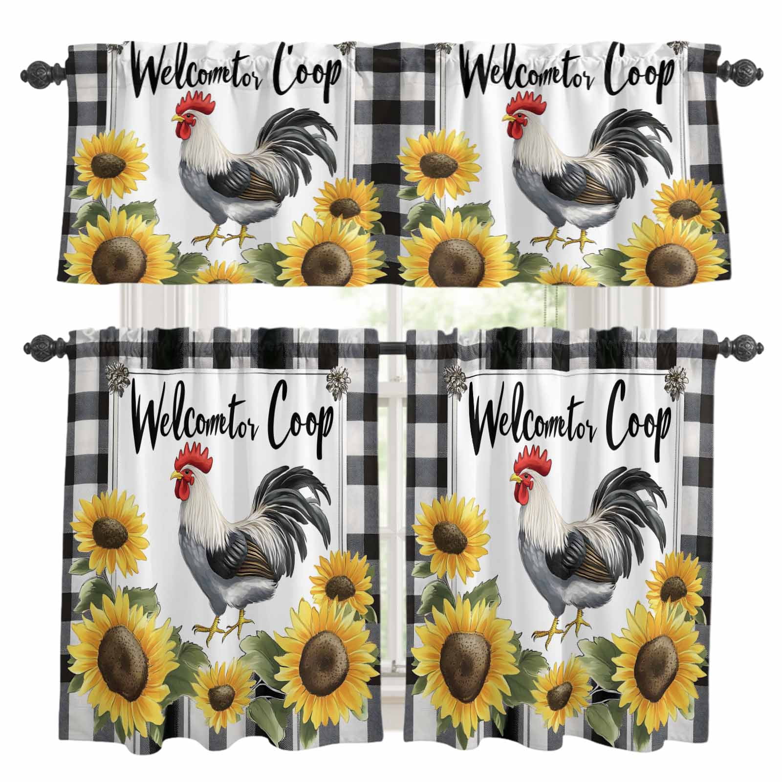 Black White Vintage Rooster Kitchen Curtains Sets for Windows 24 Inch ...