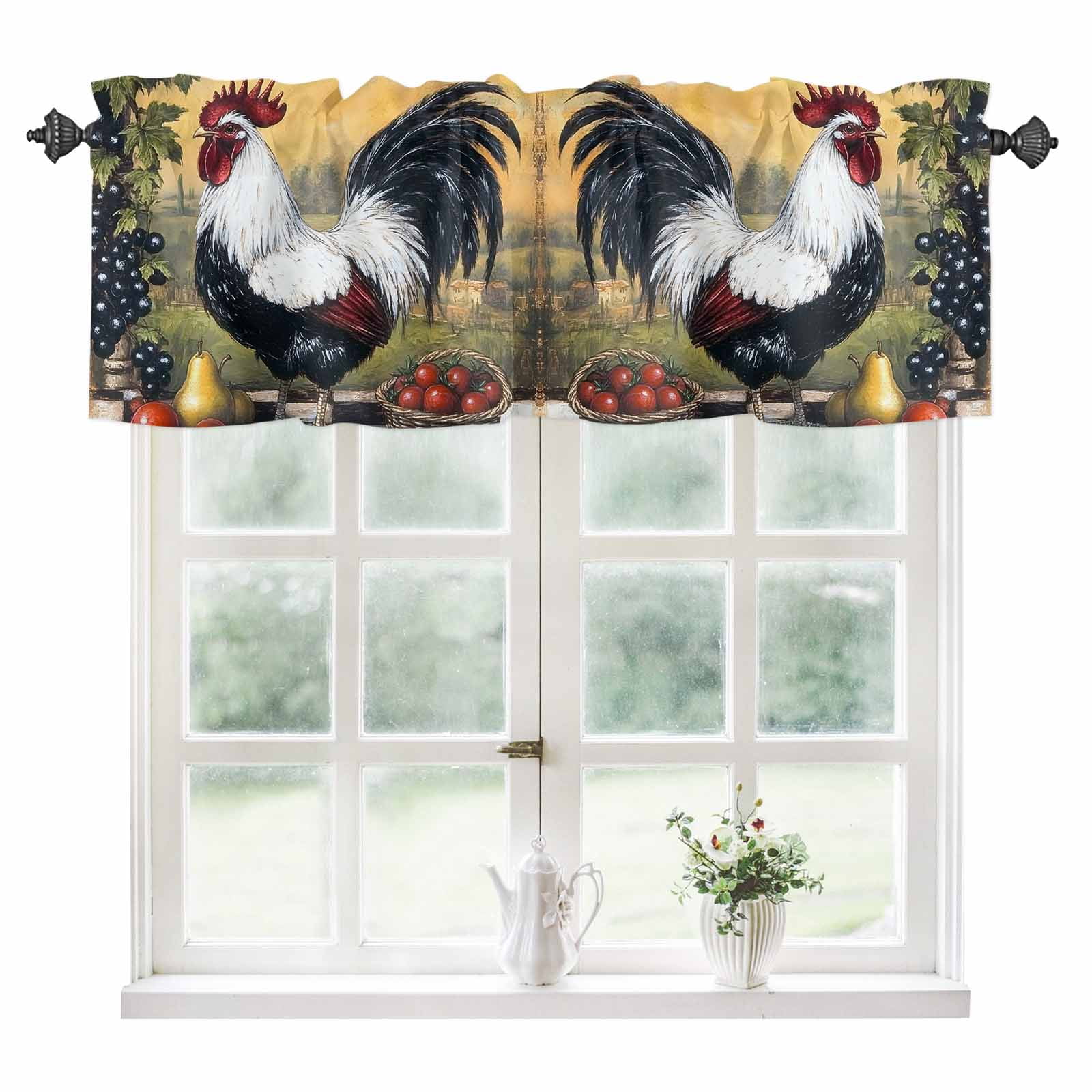Black White Vintage Rooster Kitchen Valances for Windows 60x18 Inch ...