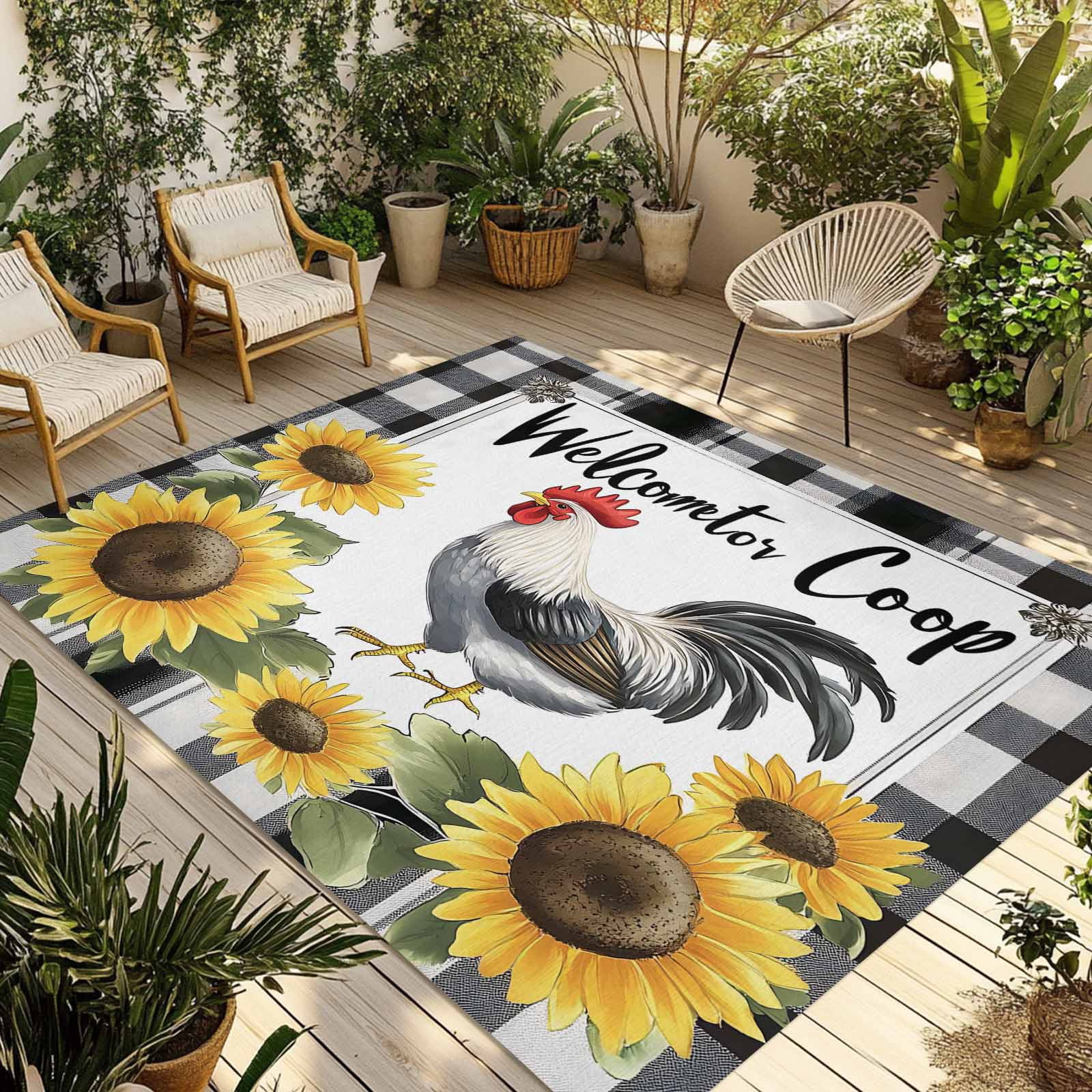 Black White Vintage Rooster Outdoor Rug 5x8 Ft - Reversible Patio Rug ...