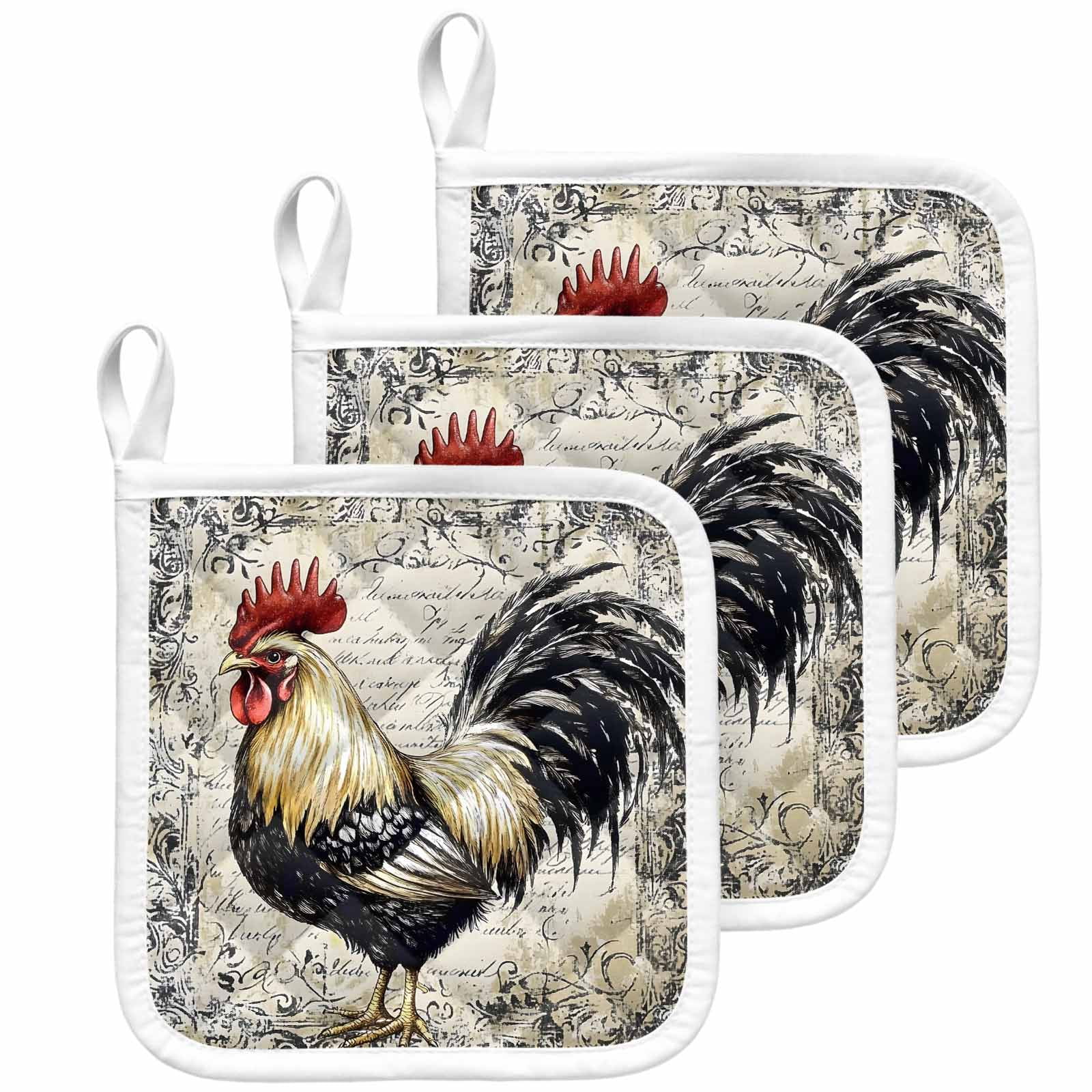 Black White Vintage Rooster Pot Holders for Kitchen Heatproof Potholder ...
