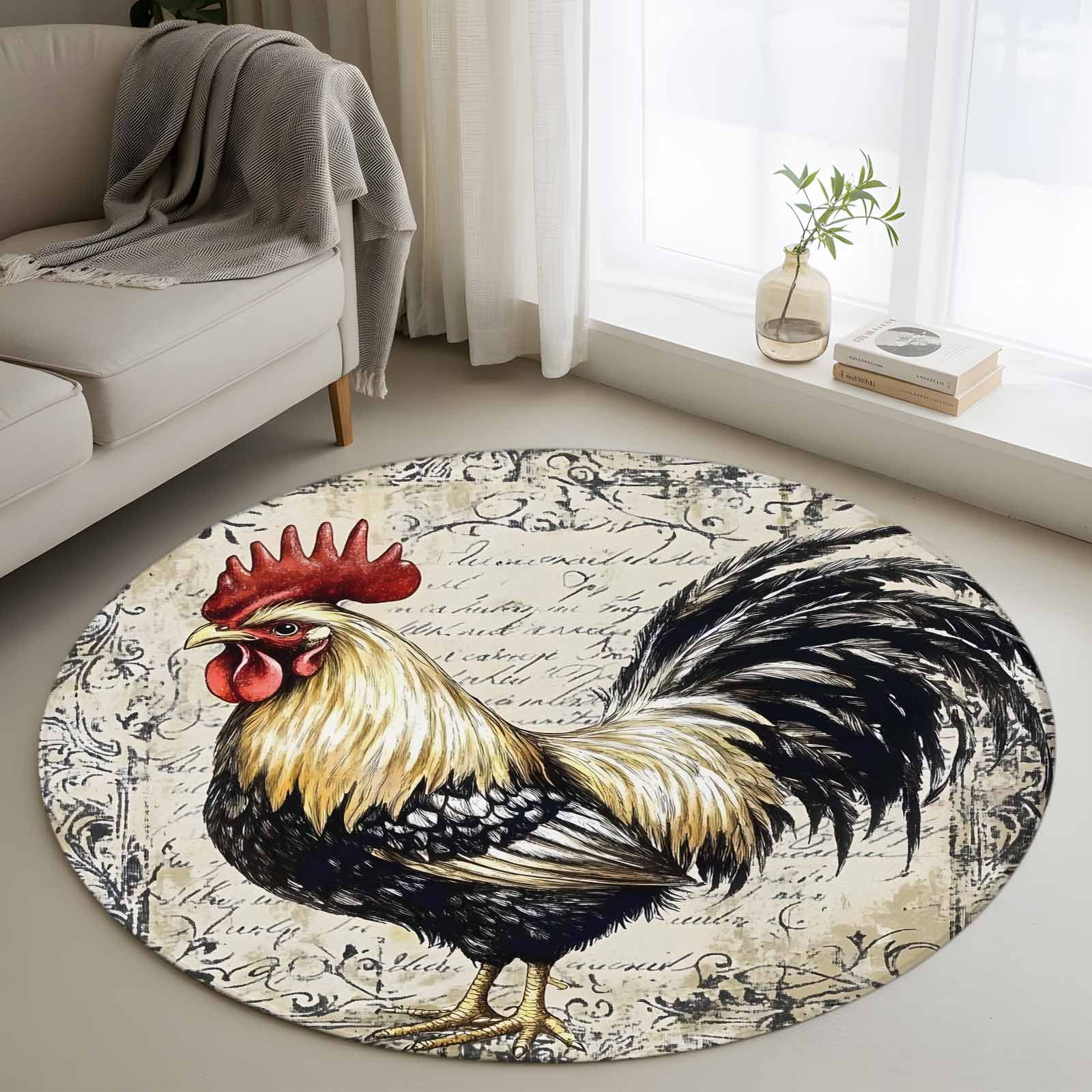 Black White Vintage Rooster Round Rug 3ft Washable Circle Entryway Rugs ...