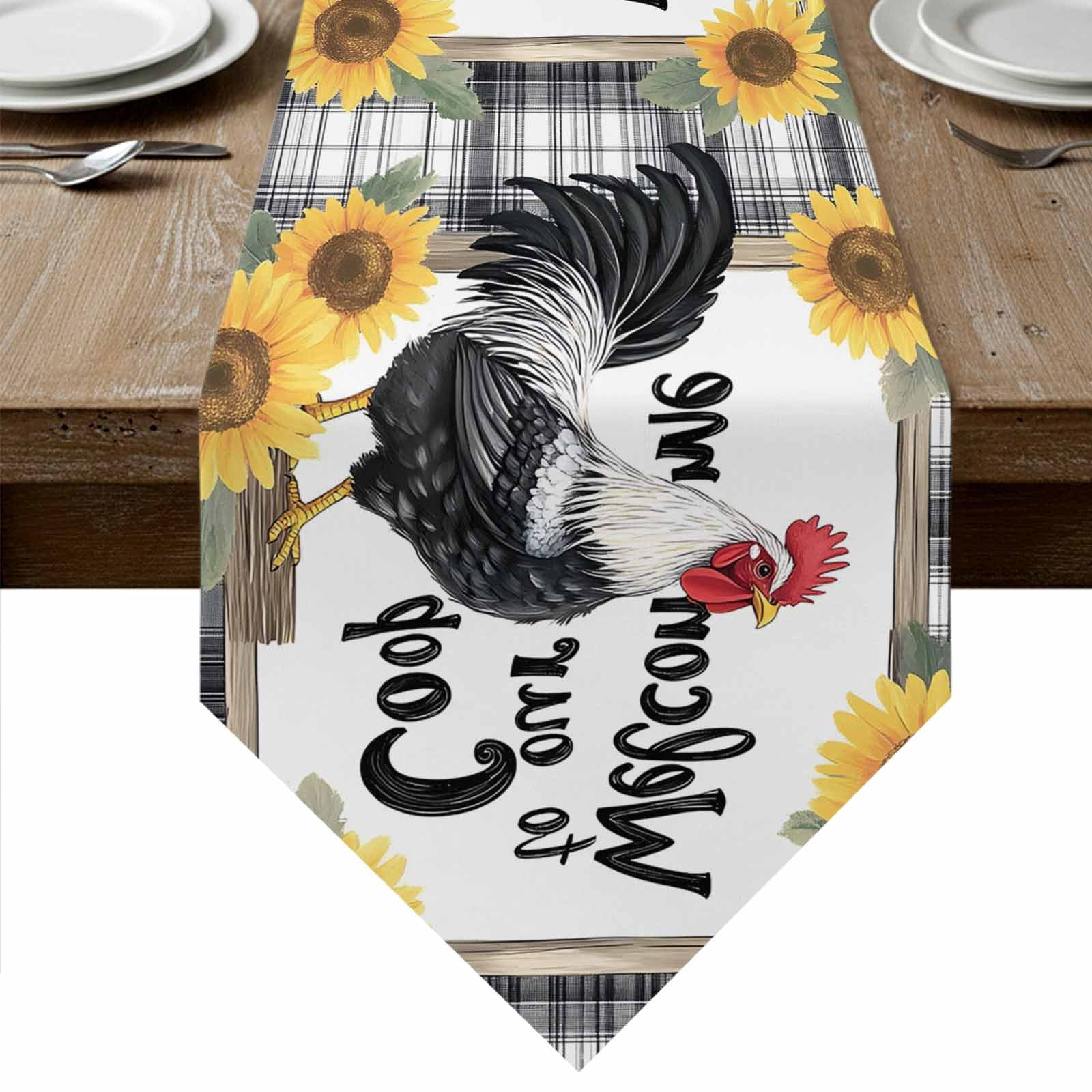 Black White Vintage Rooster Table Runner Linen Burlap Table Runner 108 ...
