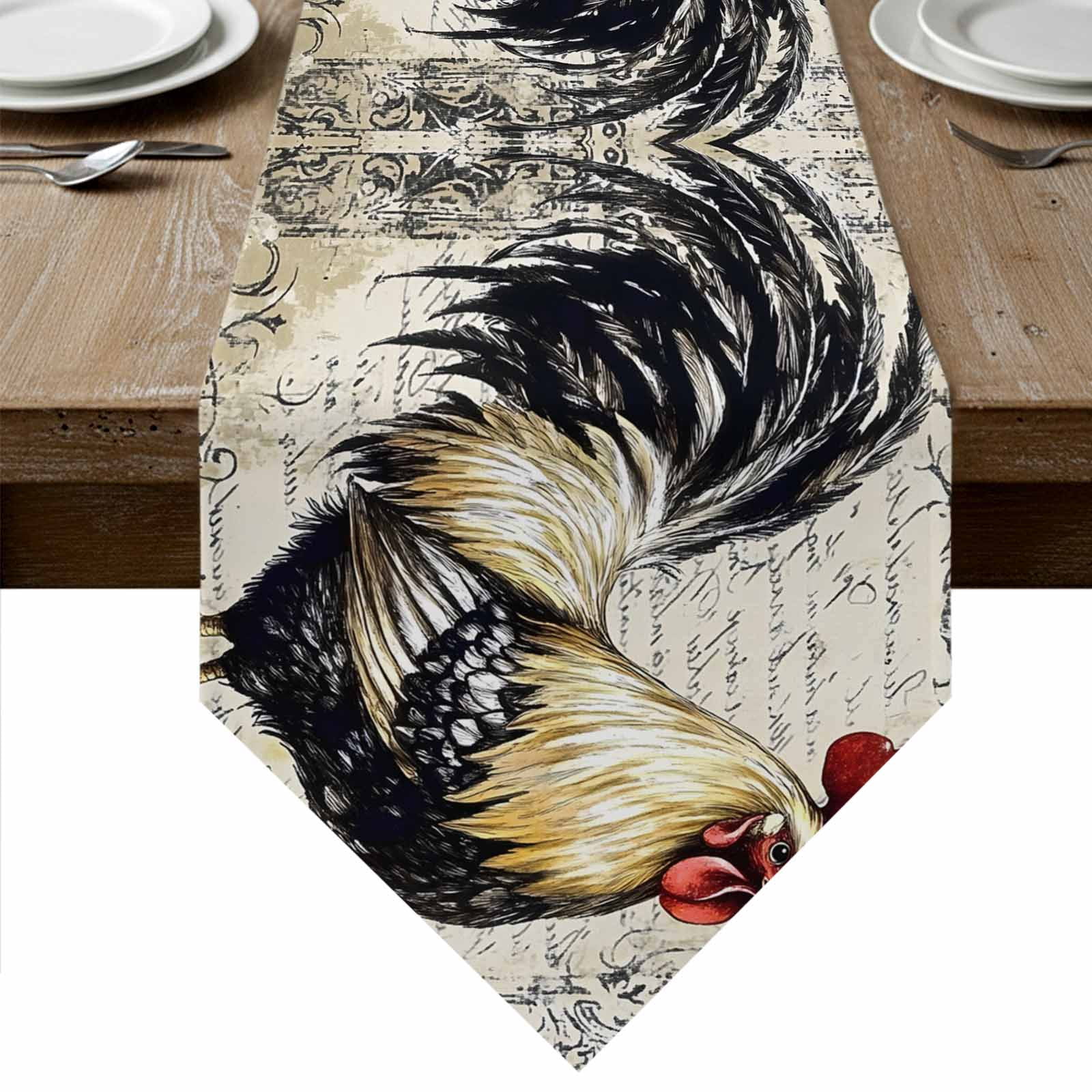 Black White Vintage Rooster Table Runner Linen Burlap Table Runner 72 ...