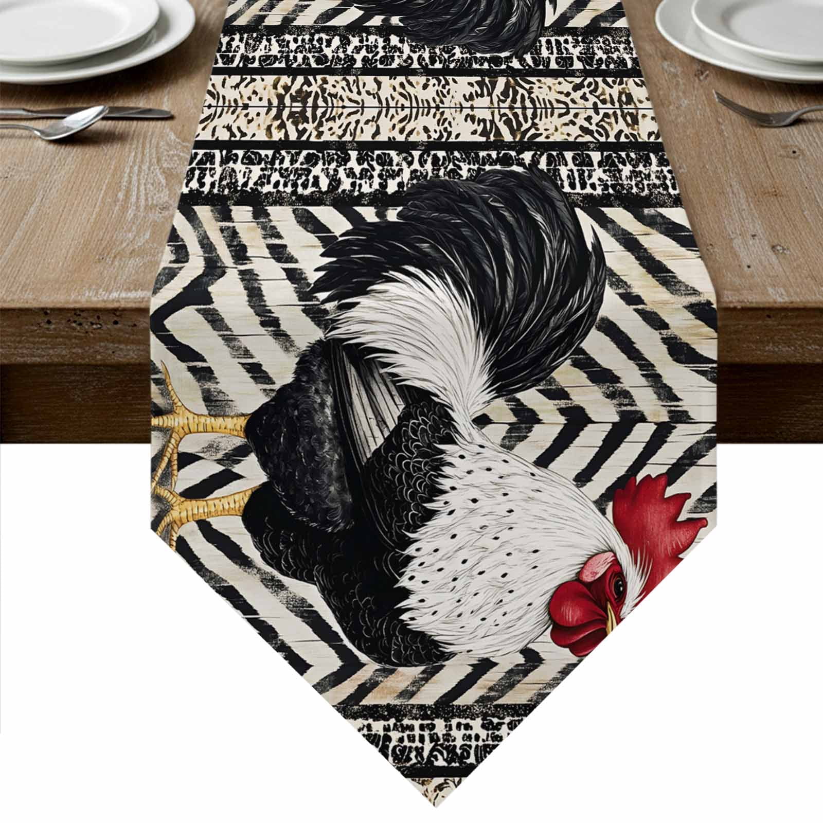 Black White Vintage Rooster Table Runner Linen Burlap Table Runner 90 ...