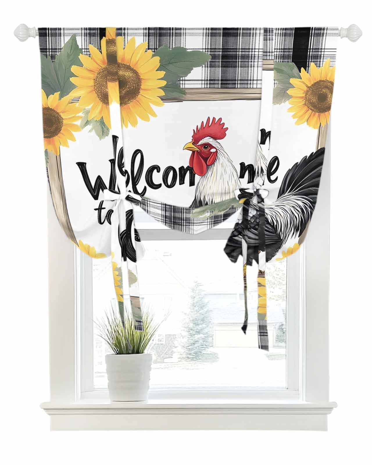 Black White Vintage Rooster Tie Up Curtains for Window, Thermal ...