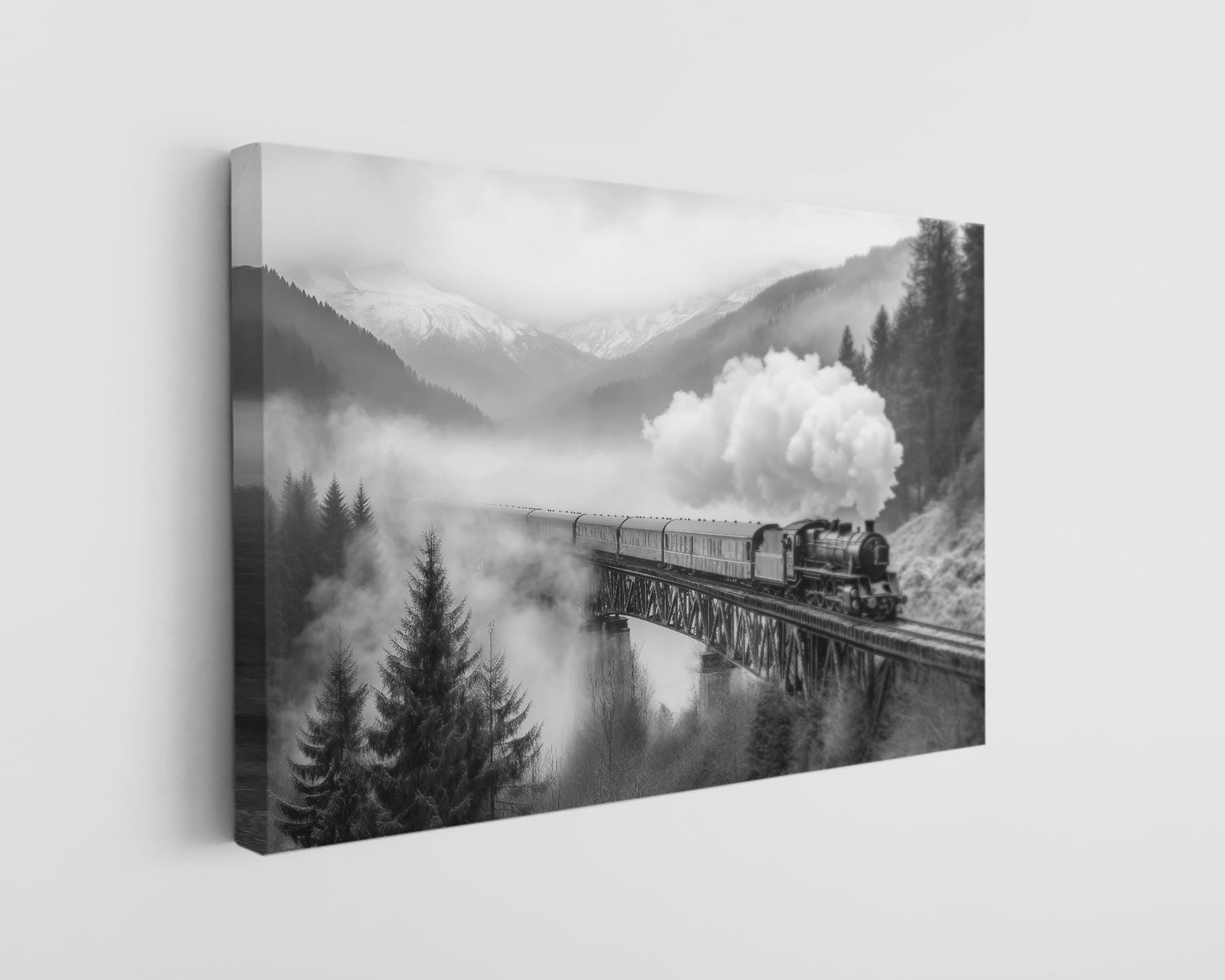 Black and White Vintage Steam Train Canvas Wall Art - High-Quality ...