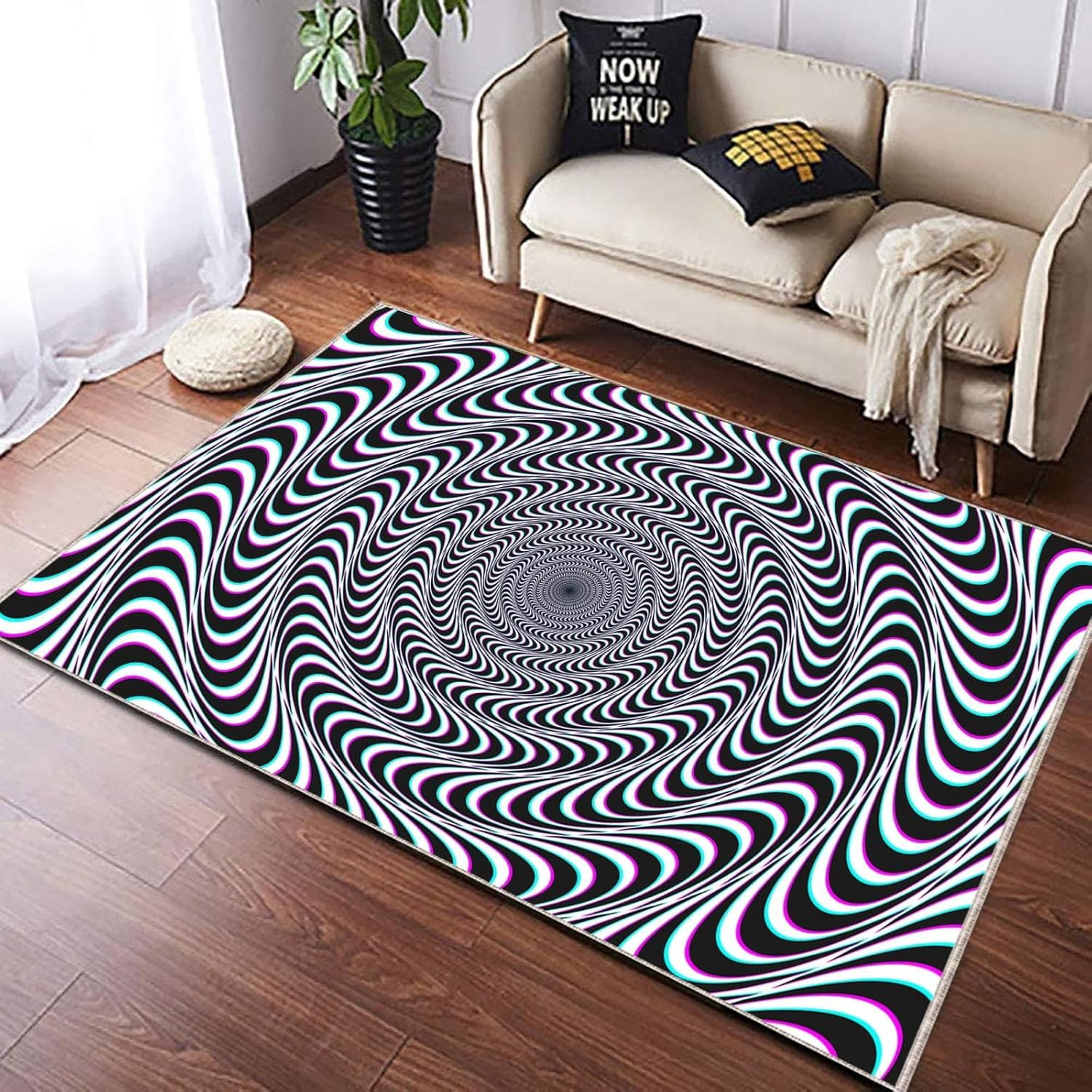 Black White Vortex Area Rug, 3D Optical Illusion Rugs, Soft Fluffy Anti ...