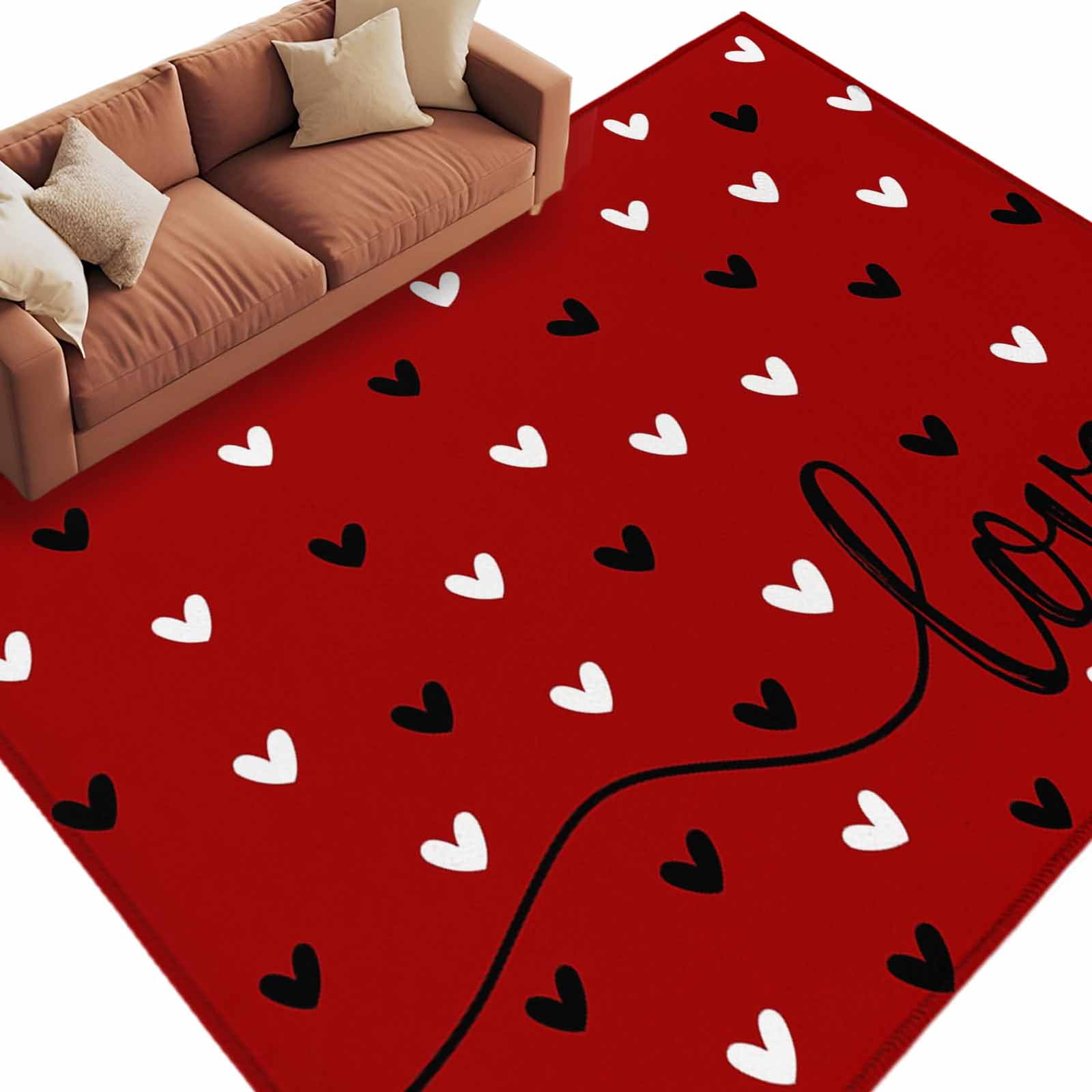Black White Washable Area Rug 8 x 10 ft Love Heart Valentines Red, Soft ...